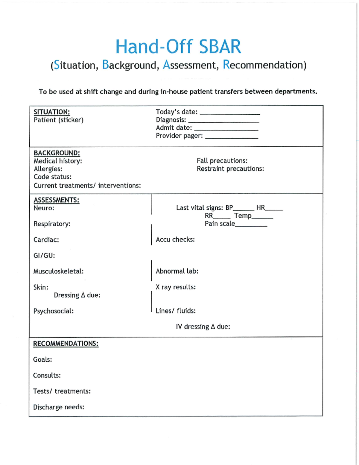 SBAR - Students - SBAR - SBAR (Situation, Background, Assessment ...