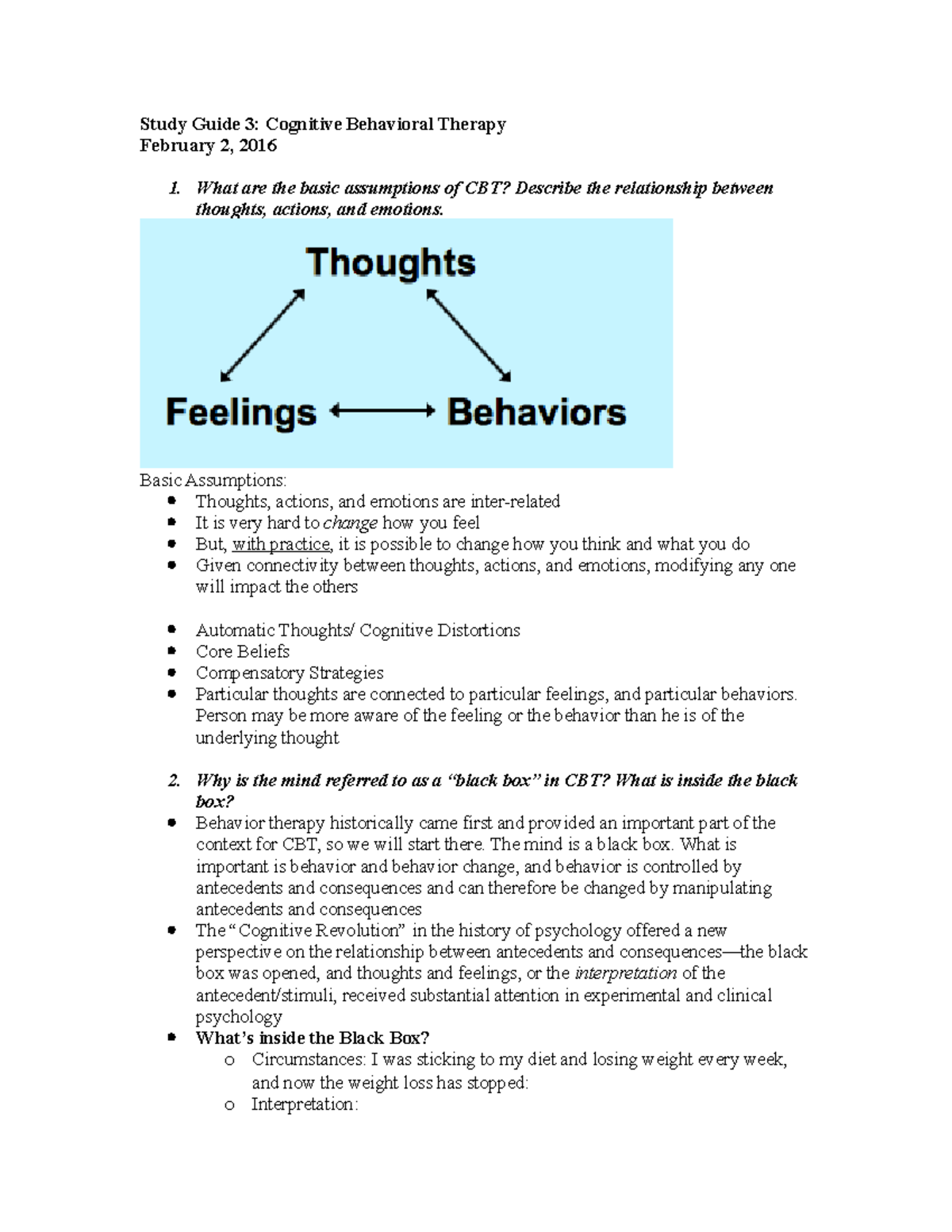 Study Guide 3 CBT - Study Guide 3: Cognitive Behavioral Therapy ...