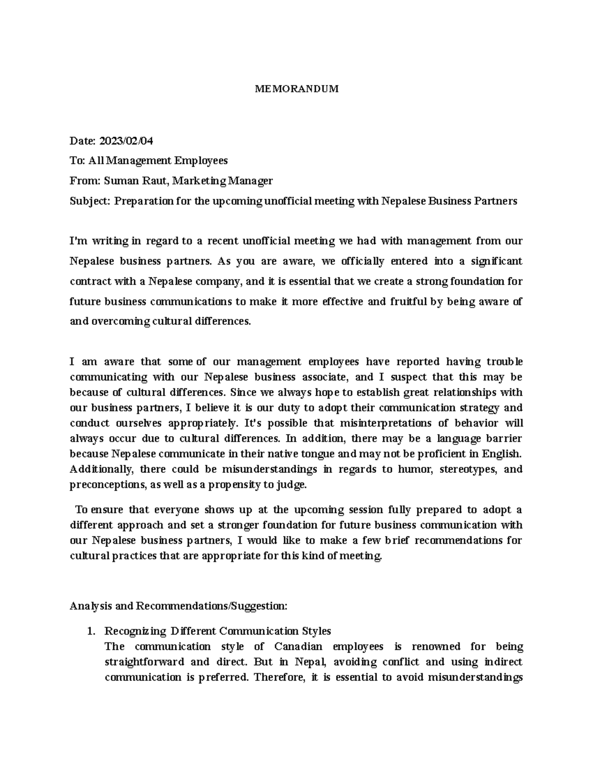 Memo Direct Adv Communication - MEMORANDUM Date: 2023/02/ To: All ...