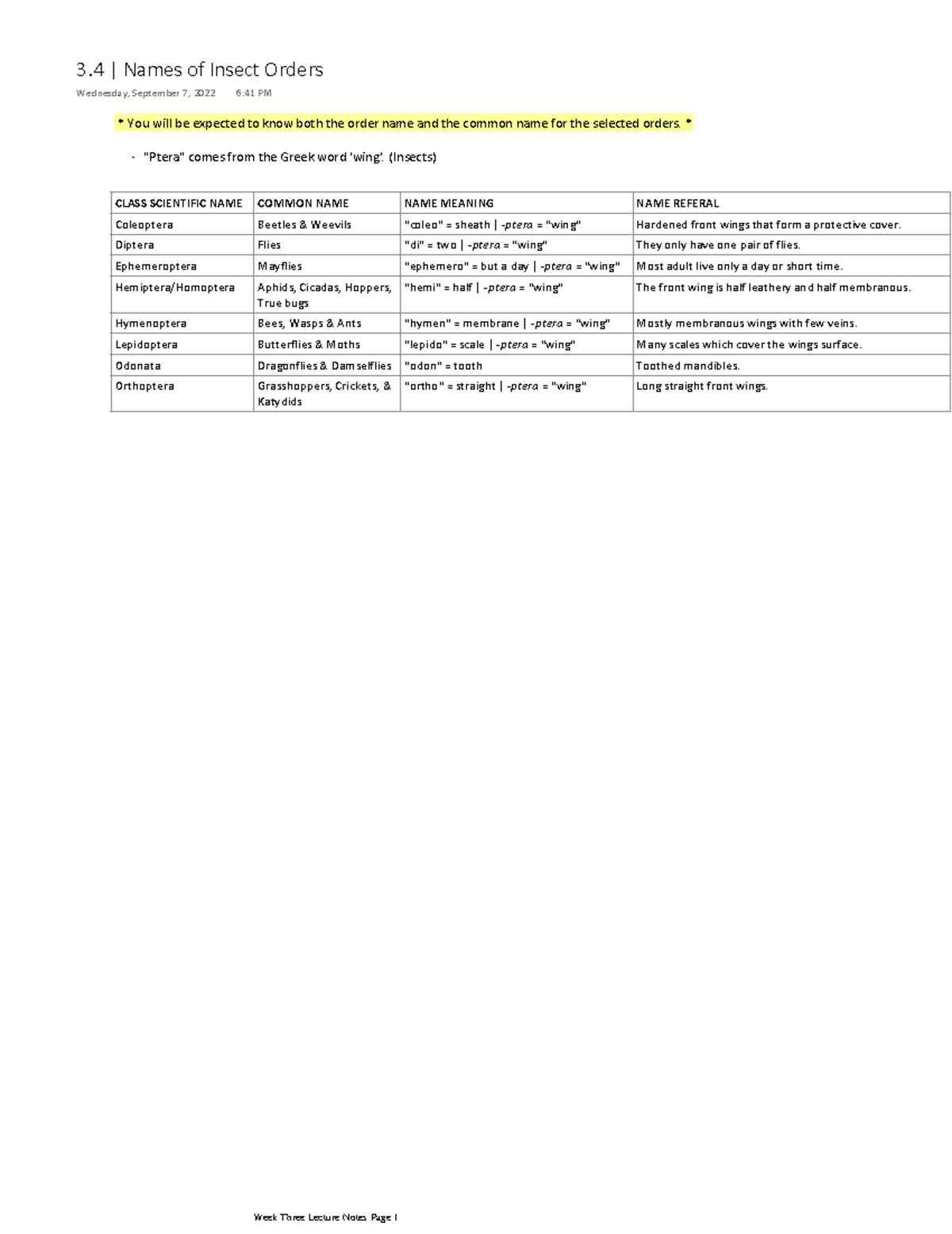 09-07-22 Lecture 3.4 Names of Insect Orders - * You will be expected to ...