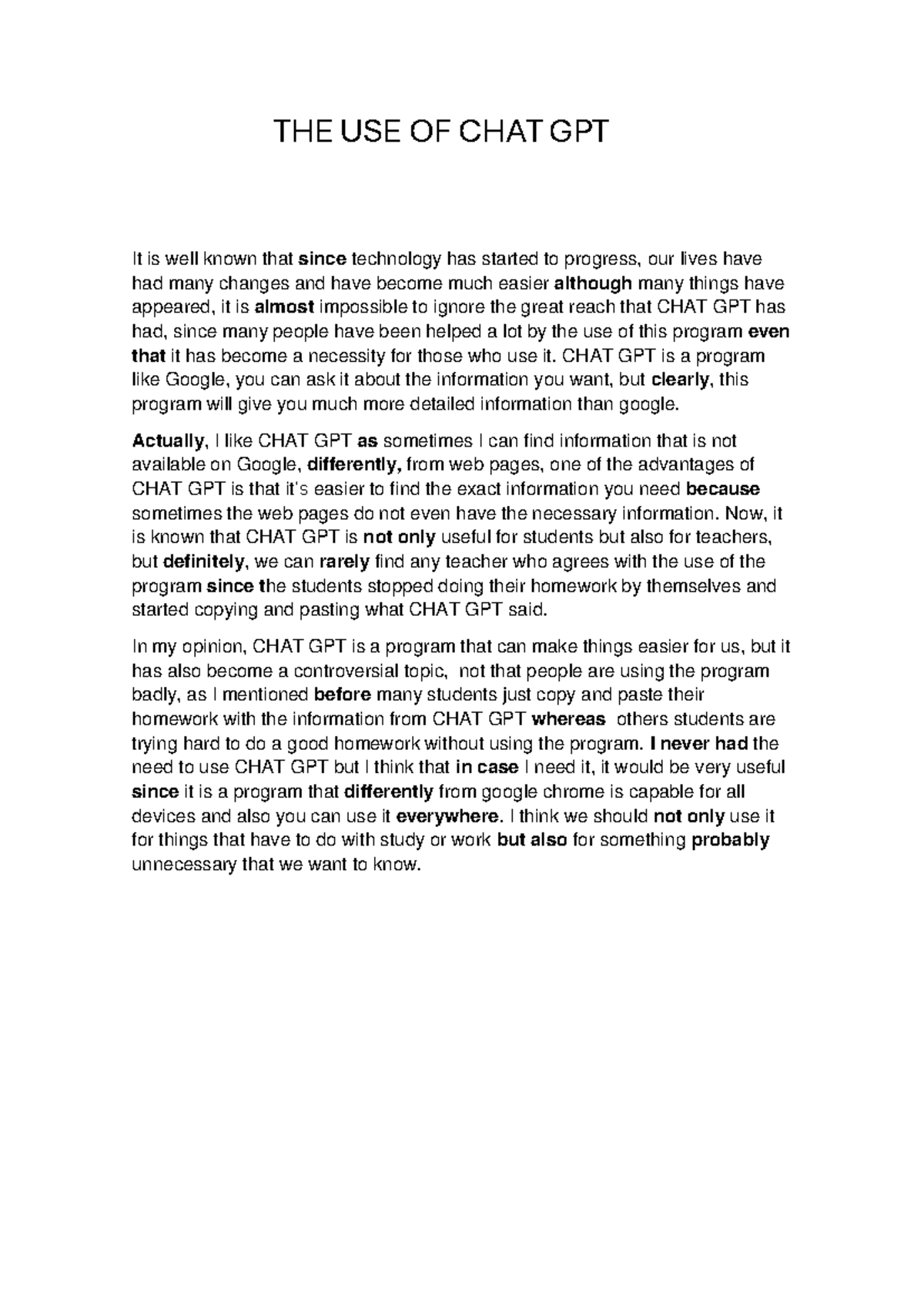 ADV 6, CHAT GPT- Draft 1 - ICPNA advanced 6 - THE USE OF CHAT GPT It is ...