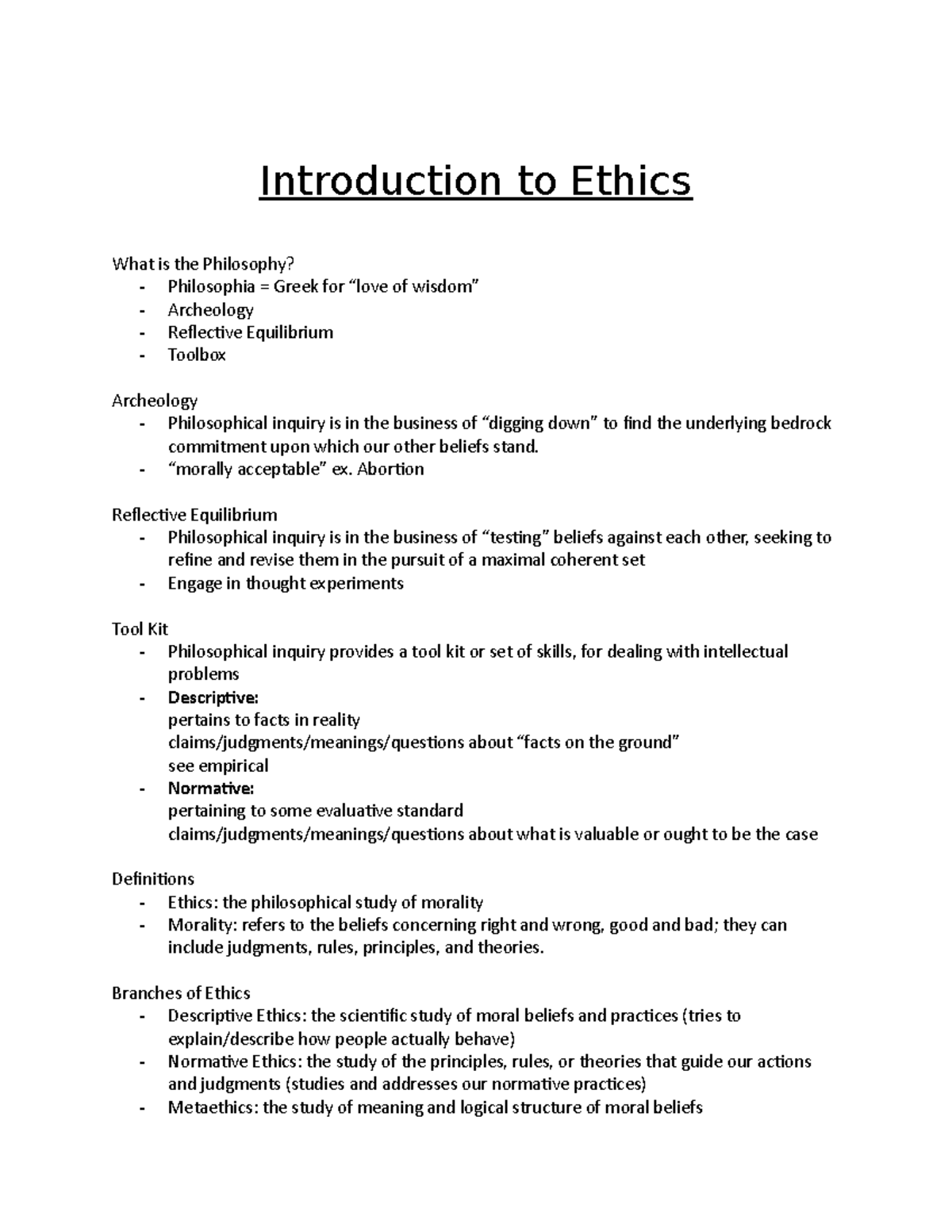 Introduction to Ethics Notes - Introduction to Ethics What is the ...