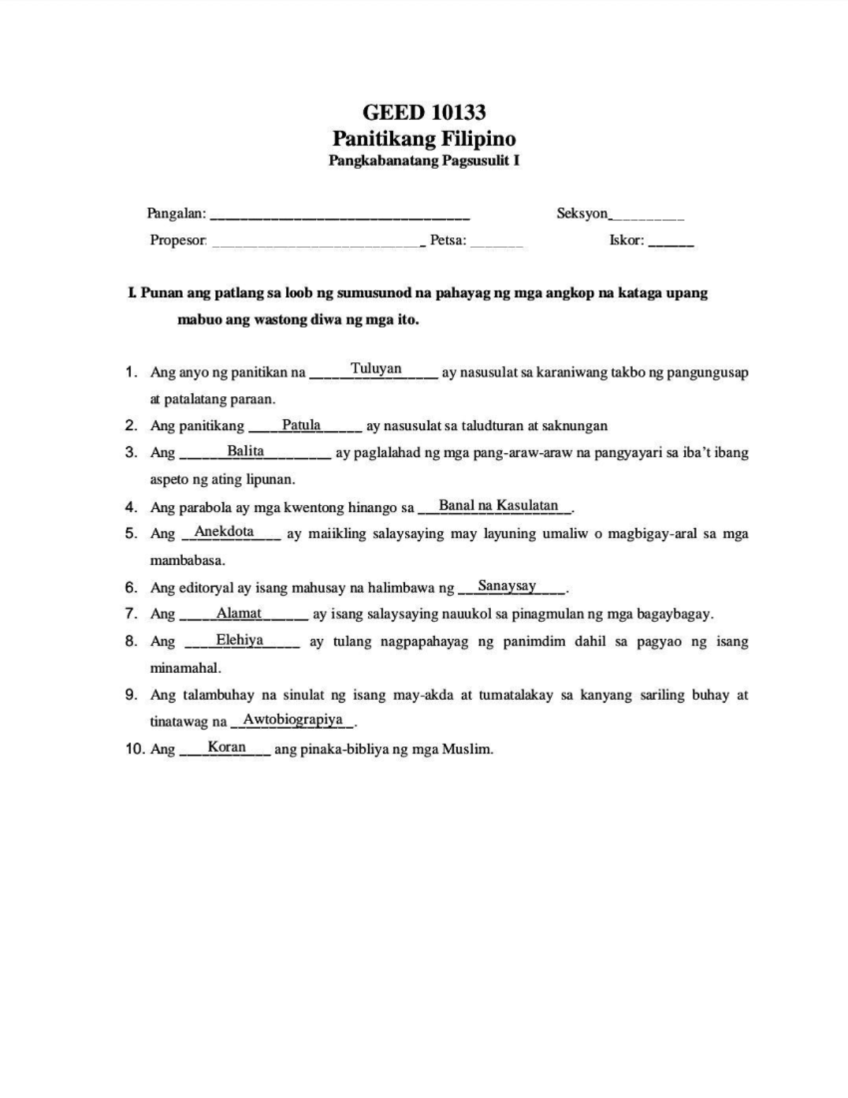 GEED 10133 (Panitikang Filipino) - Pangkabanatang Pagsusulit I - PUP - Studocu