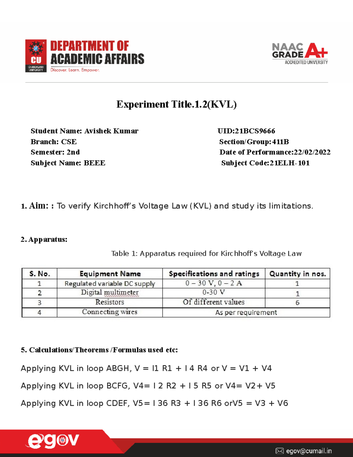 BEEE Worksheet -1.2(KVL), - Experiment Title.1(KVL) Student Name ...