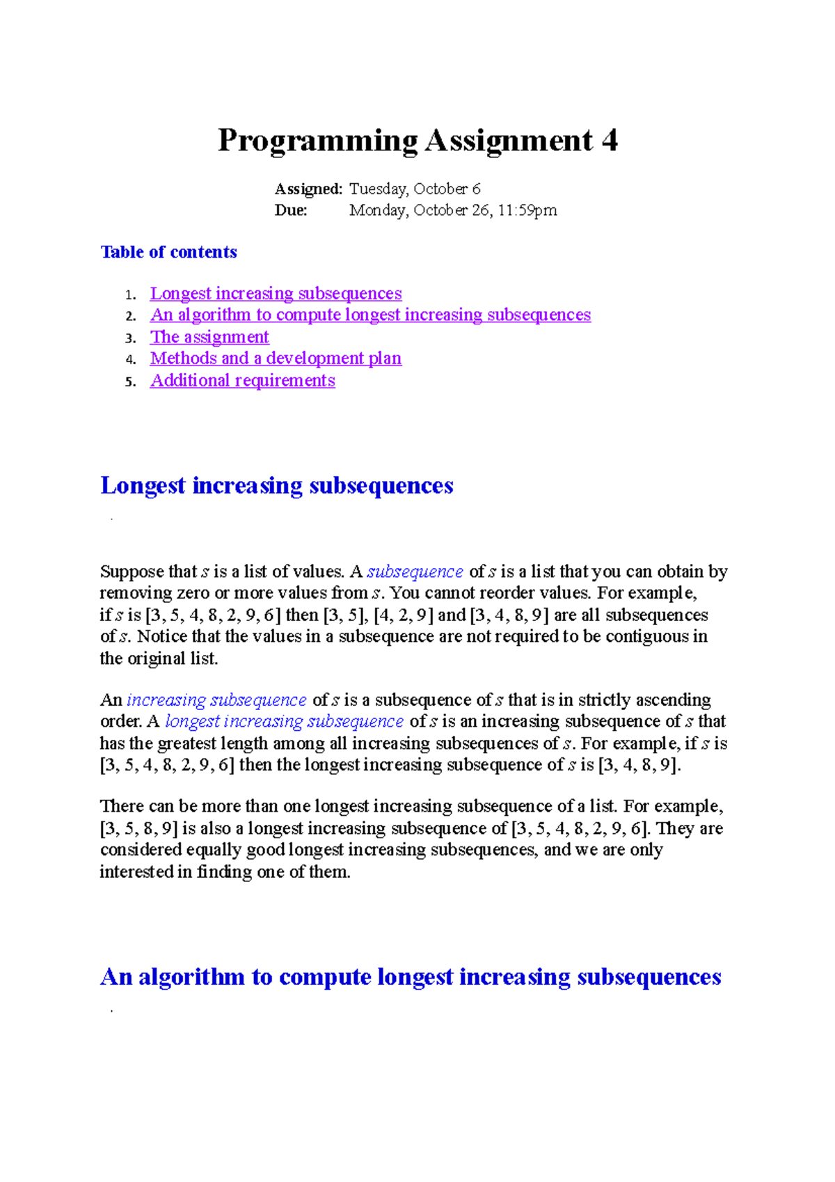 Programming Assignment 4 - 2. 3. 4. 5. Longest increasing subsequences ...
