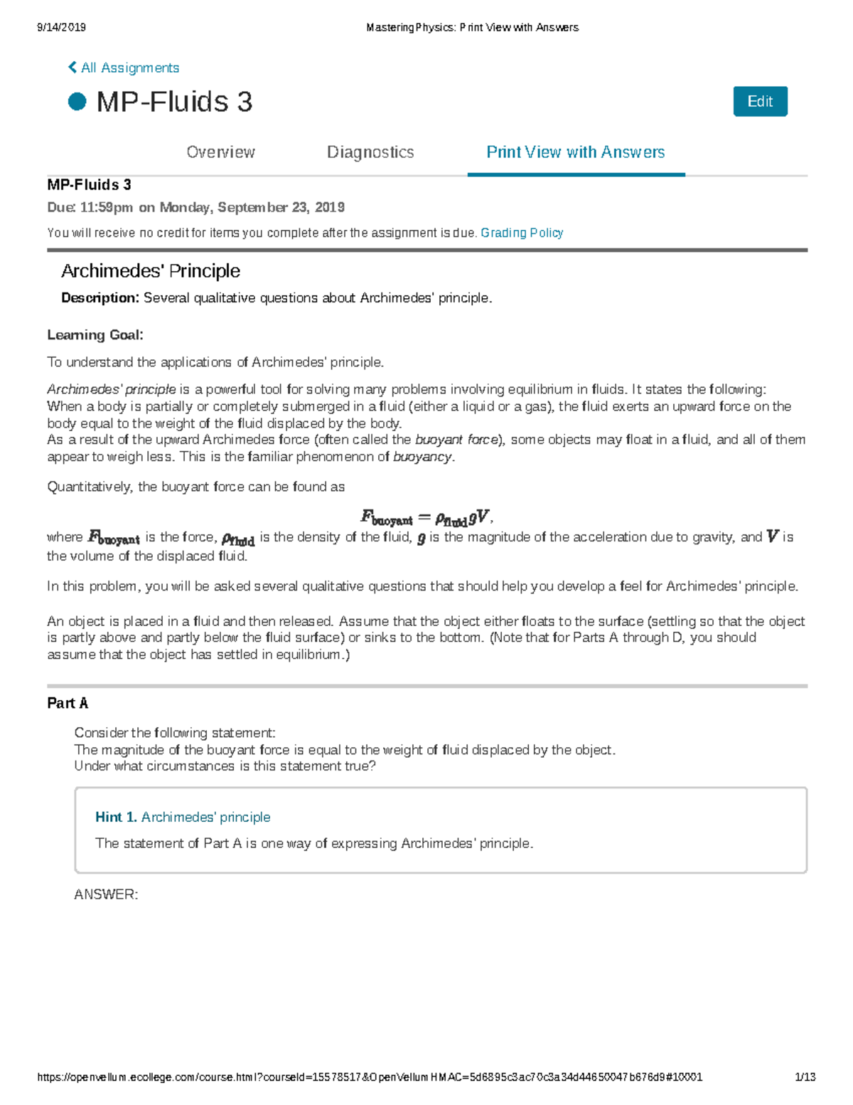 MP-Fluids 3 solutions - NIL - All Assignments MP-Fluids 3 Edit Overview Diagnostics Print View ...