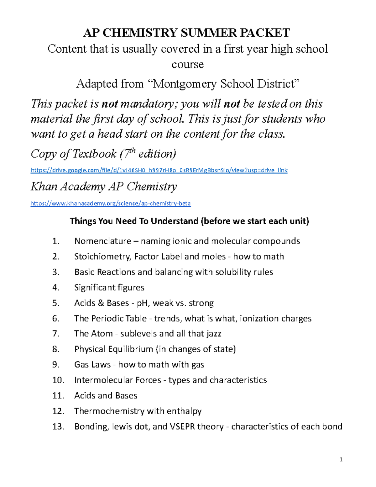 AP Chemistry Summer Packet 2023 - AP CHEMISTRY SUMMER PACKET Content ...