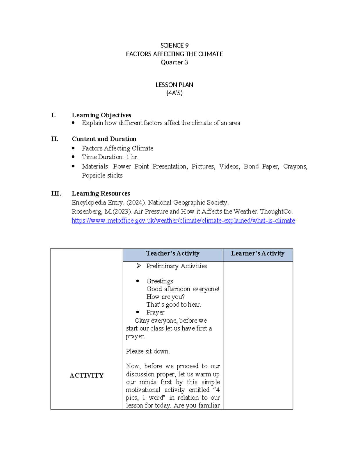 Science 9 Lesson PLAN - SCIENCE 9 FACTORS AFFECTING THE CLIMATE Quarter ...