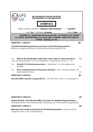 CHEM1643 2021 Class test 2 Klastoets 2 MEMO - THE UNIVERSITY OF THE ...