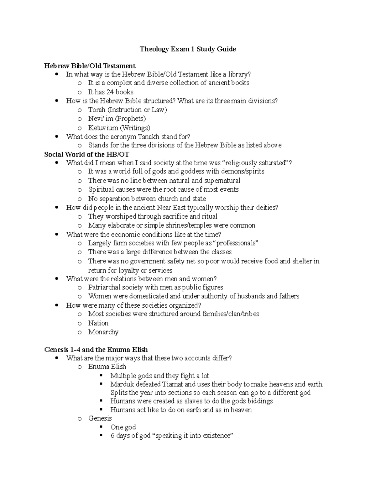 Exam1study guide - Theology Exam 1 Study Guide Hebrew Bible/Old ...