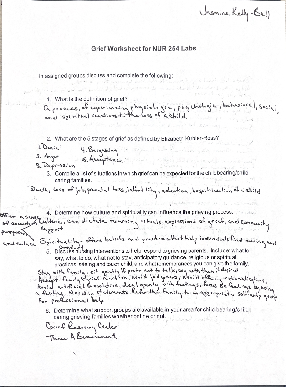 Grief and Loss - Jasmine Kelly Bell Grief Worksheet for NUR 254 Labs In ...