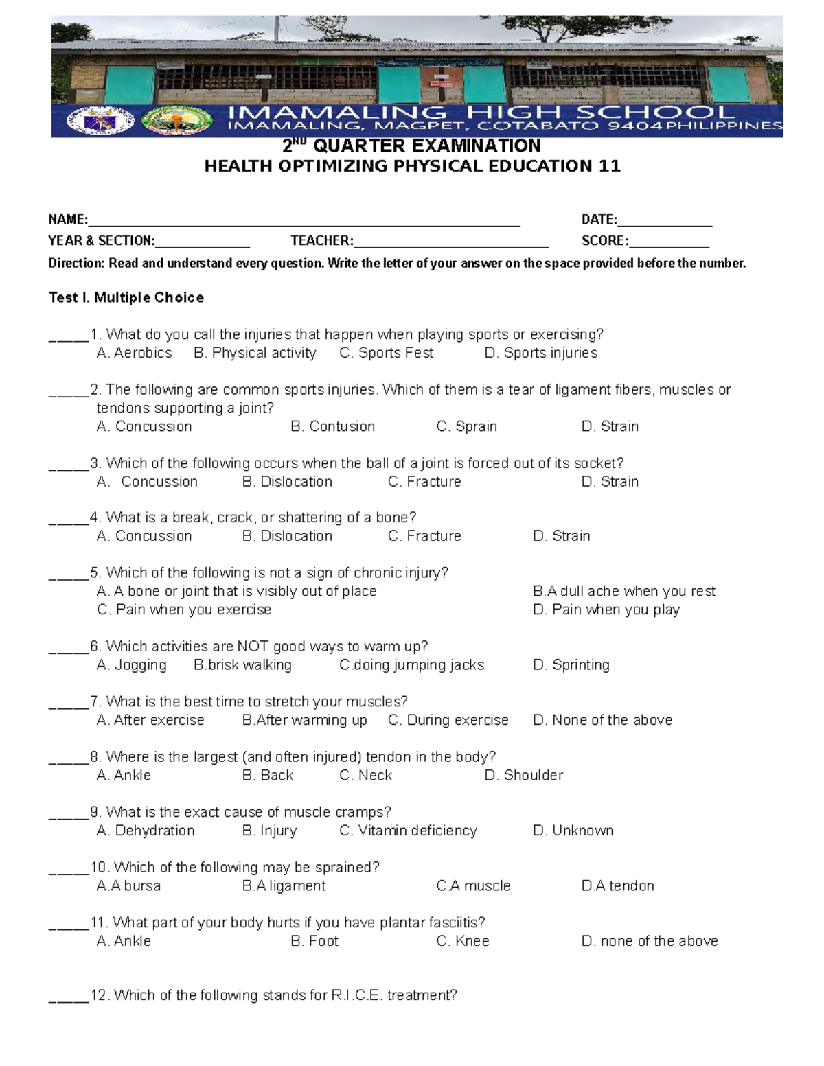 Final exam pe 11 2nd quarter - 2 ND QUARTER EXAMINATION HEALTH ...
