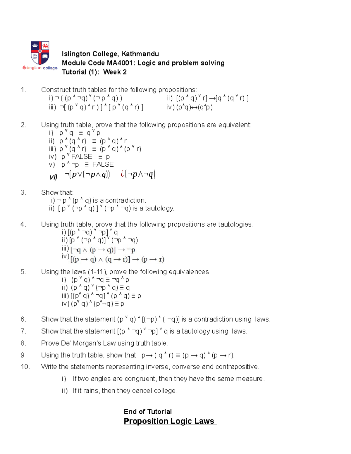 Tutorial 1 week 2 - Islington College, Kathmandu Module Code MA4001: Logic and problem solving ...
