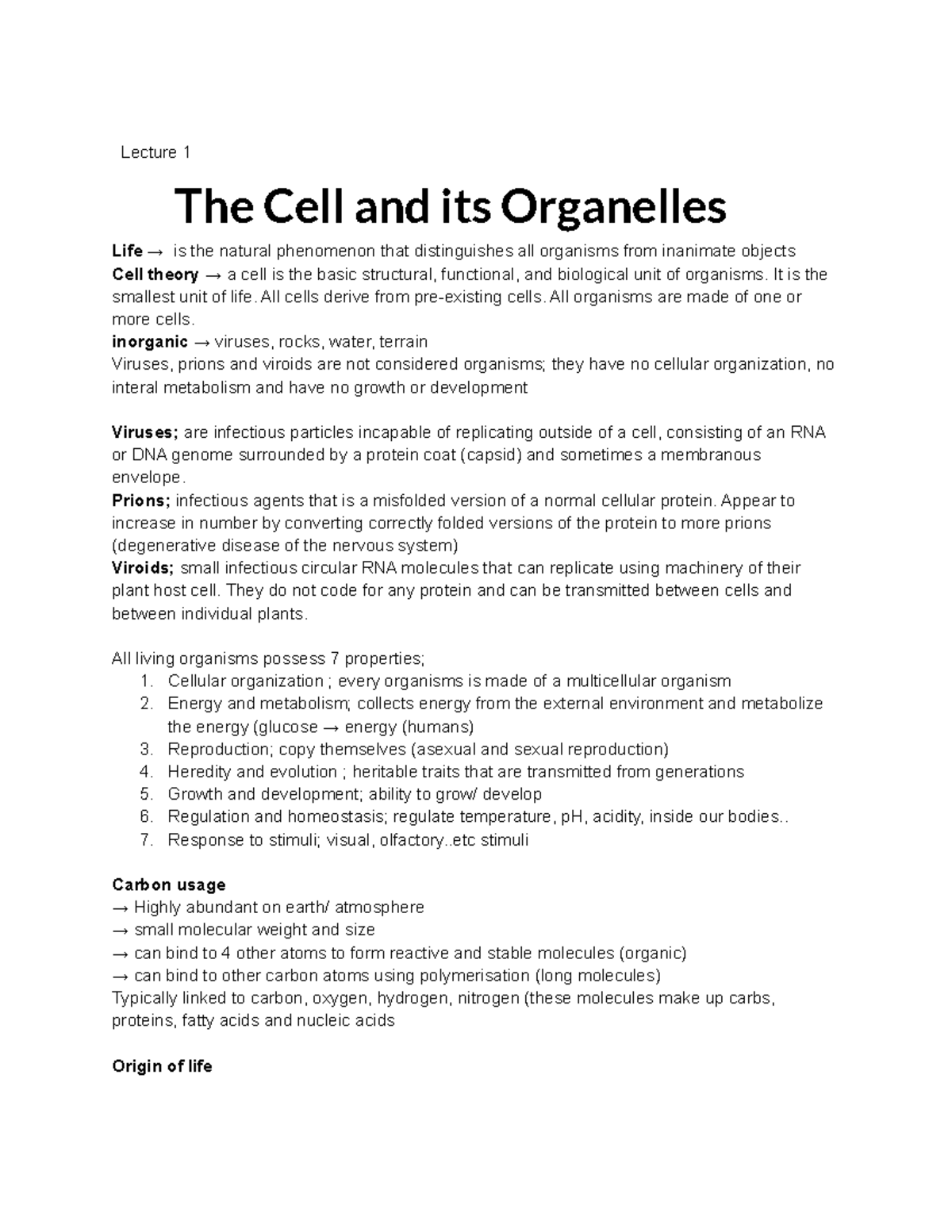 BIO1140 - Notes leading up to the first midterm - Lecture 1 The Cell ...