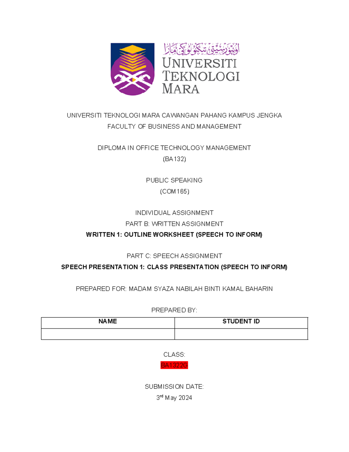Template Cover Page Speech to Inform - UNIVERSITI TEKNOLOGI MARA ...