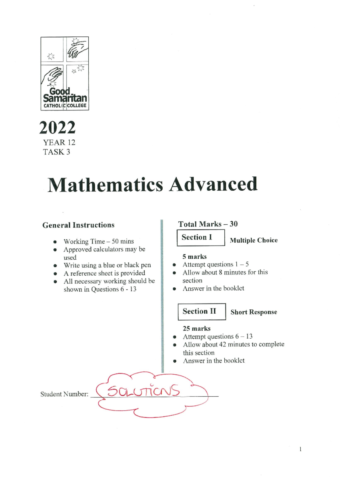 2022 solutions - 23 Good Samaritan CATHOLIC COLLEGE 2022 YEAR 12 TASK 3 ...