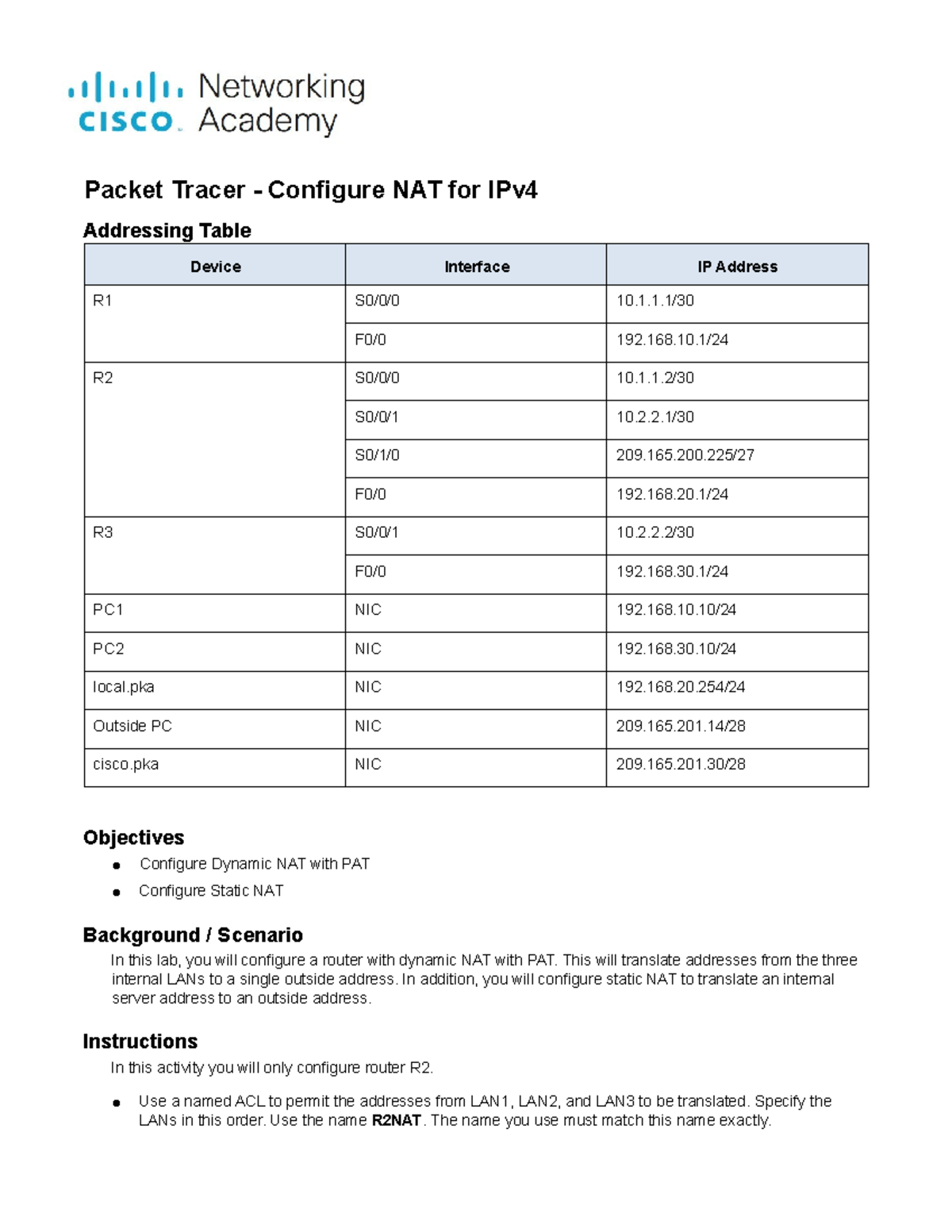 6 Packet Tracer Packet Tracer Configure Nat For Ipv Addressing Table Device Interface Ip
