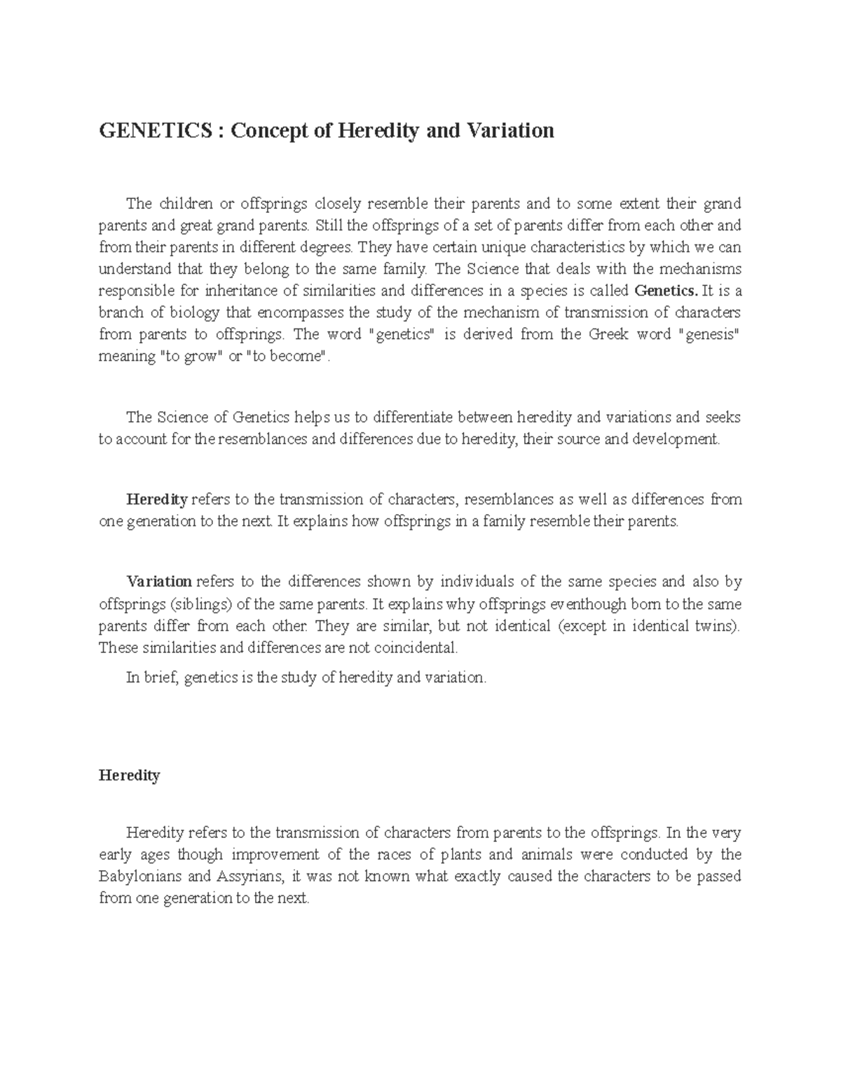 Genetics - Lecture notes 1-3 - GENETICS : Concept of Heredity and ...