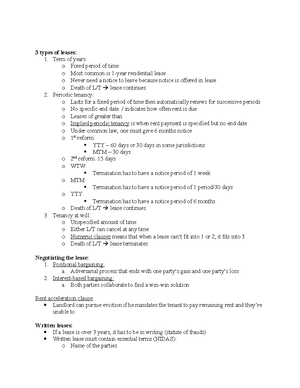 Chapter 4 Midterm Outline - Three types of leases 1. Term of years ...