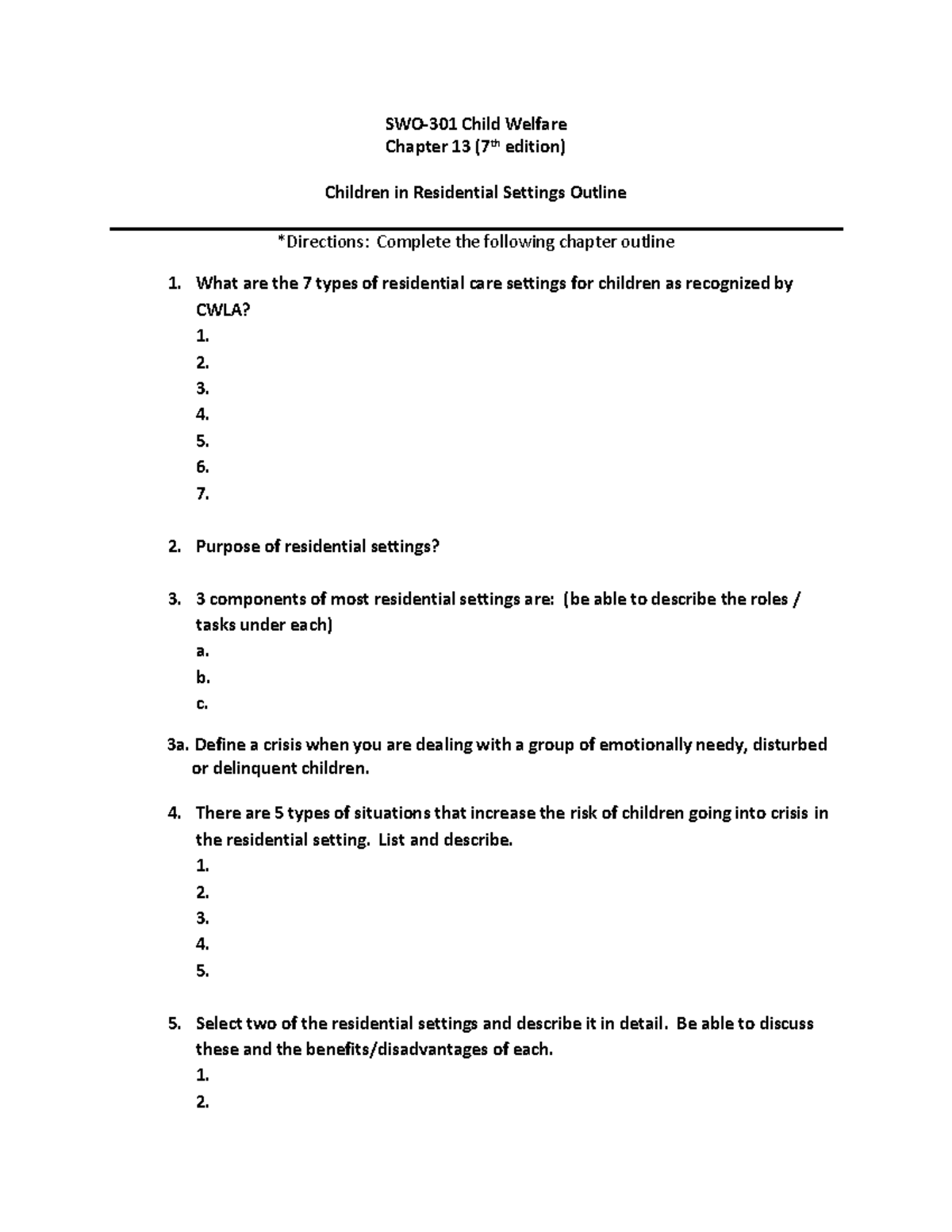Chapter 13 Outline - SWO-301 Child Welfare Chapter 13 (7th edition ...