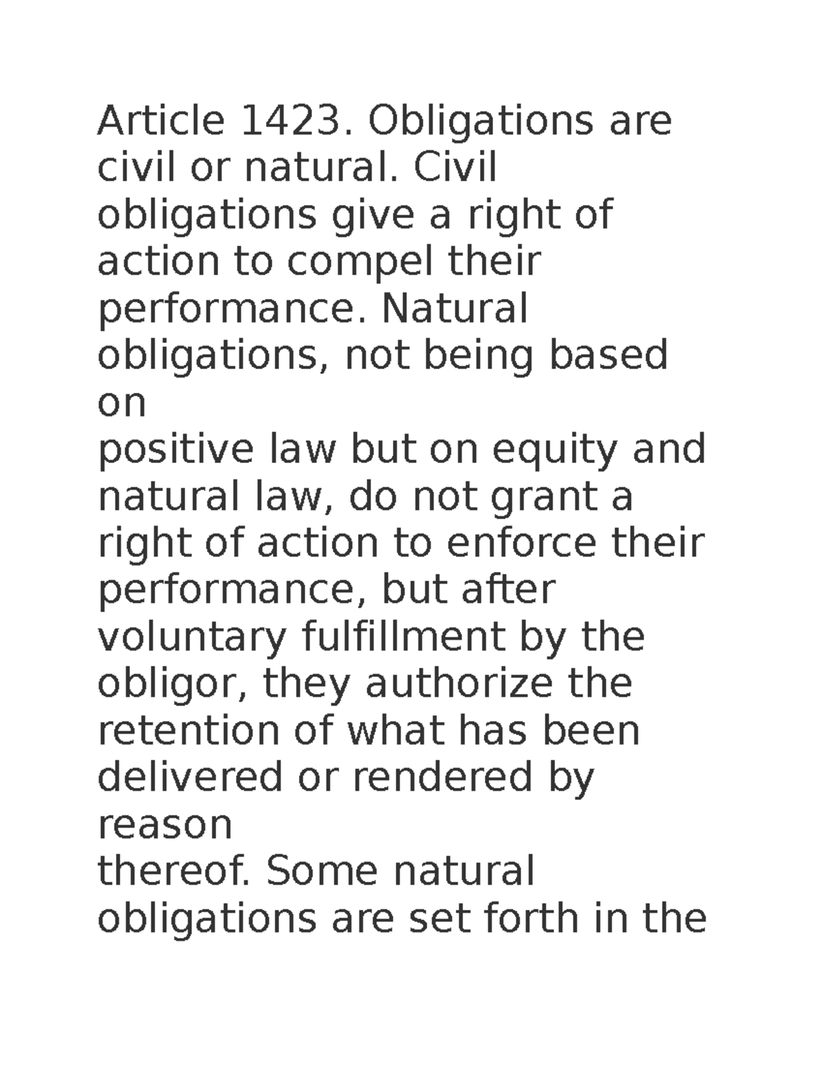 Article 1423 to 1430 - for school - Article 1423. Obligations are civil ...