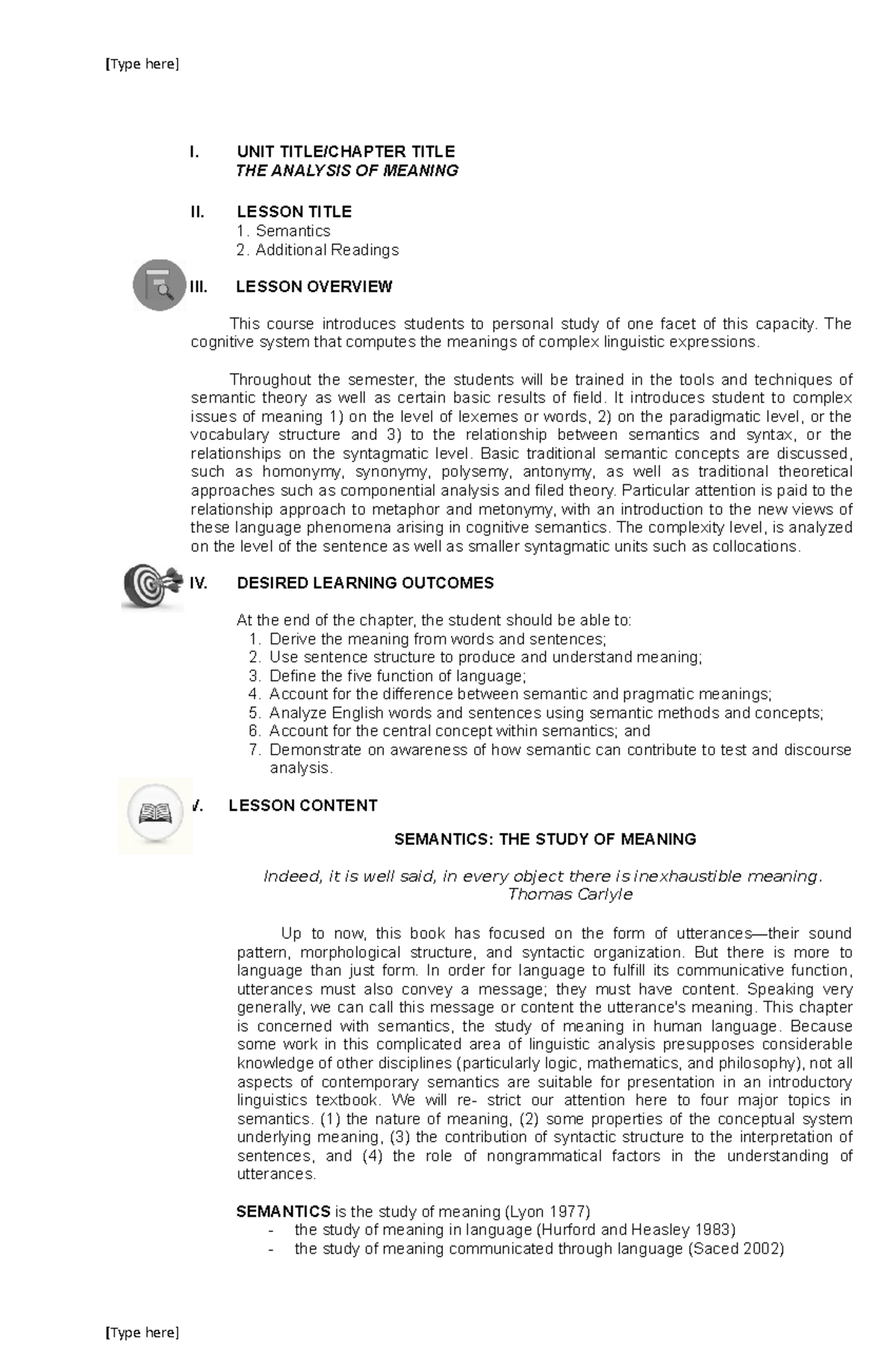 IM-IN- Semantics - I. UNIT TITLE/CHAPTER TITLE THE ANALYSIS OF MEANING II. LESSON TITLE ...