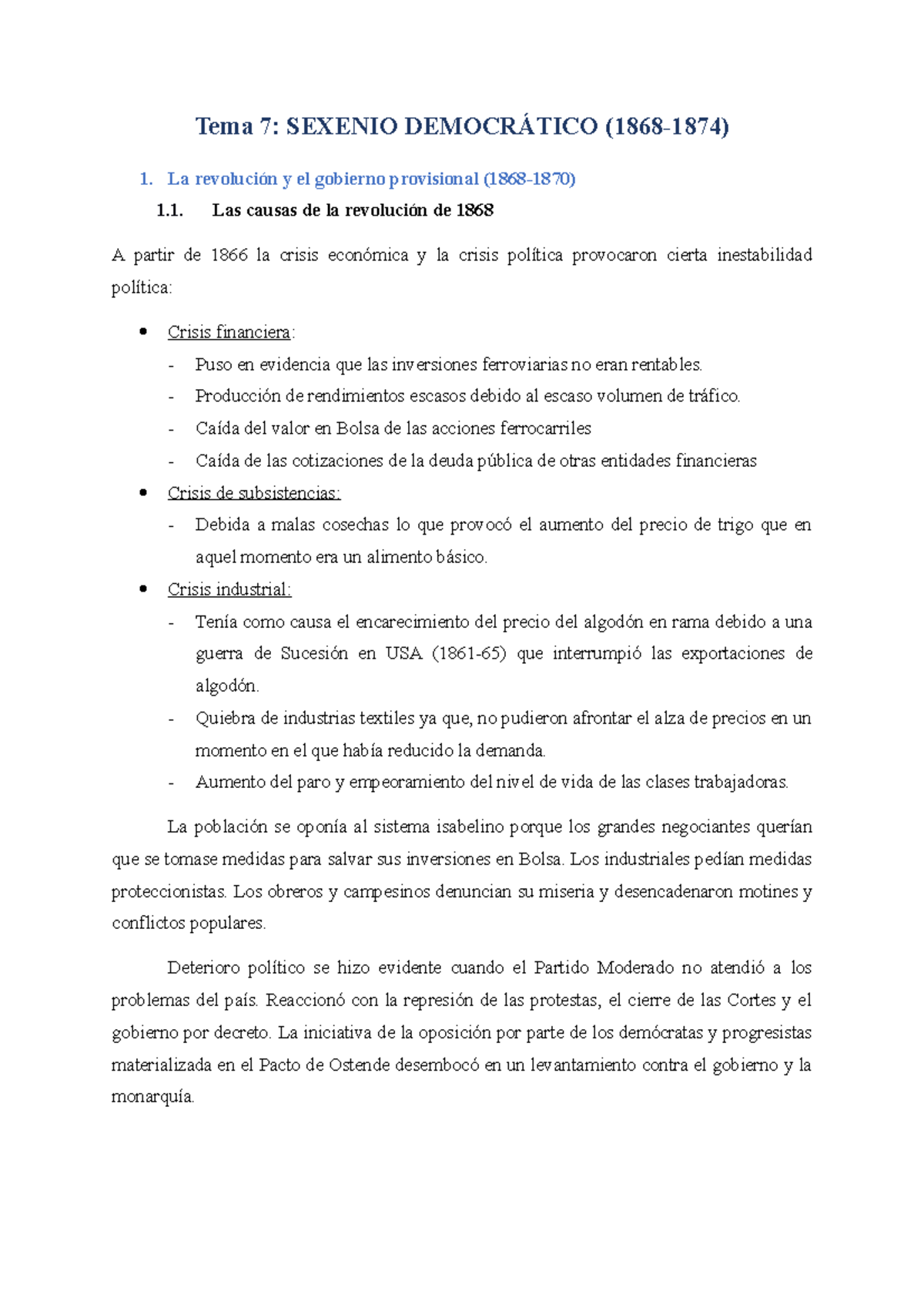 Historia de España Tema 7 - Tema 7: SEXENIO DEMOCRÁTICO (1868-1874) La revolución y el gobierno ...