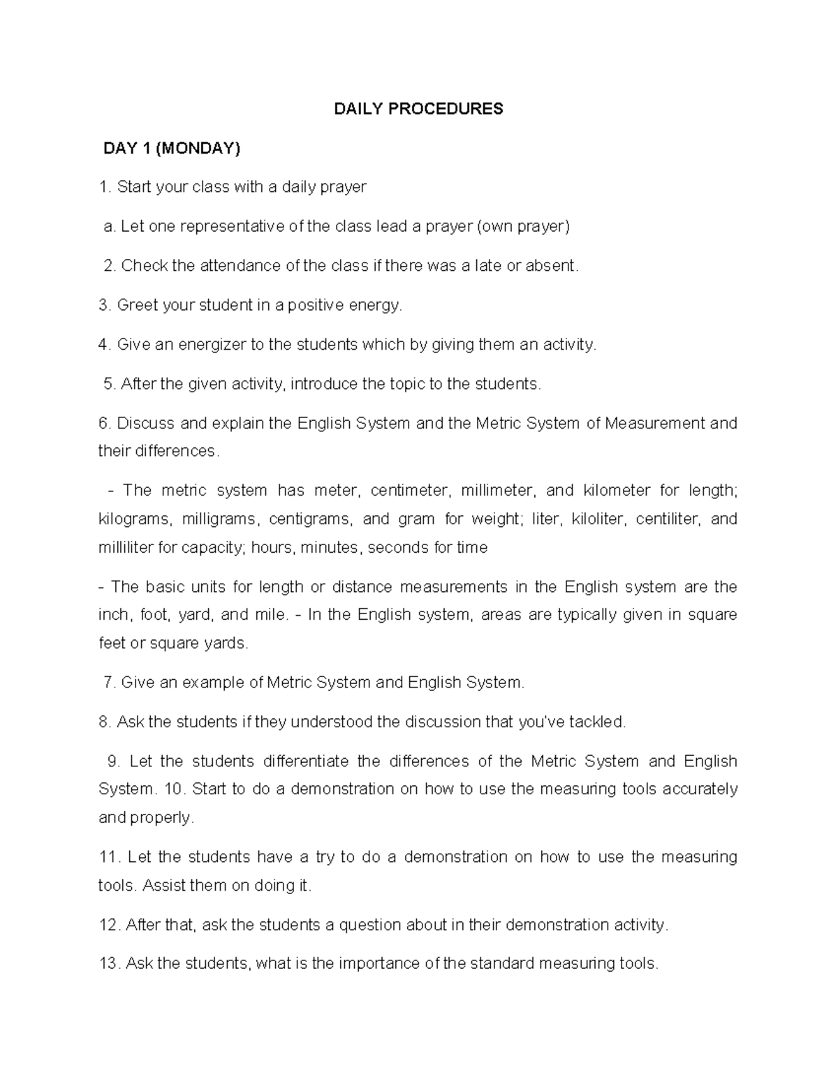 Daily Procedures Eillen - DAILY PROCEDURES DAY 1 (MONDAY) Start your ...