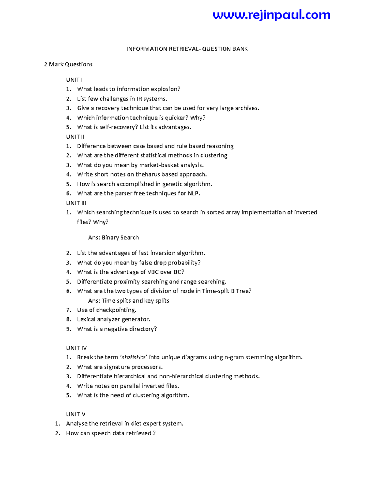 Information Retrieval Question Bank - INFORMATION RETRIEVAL- QUESTION ...