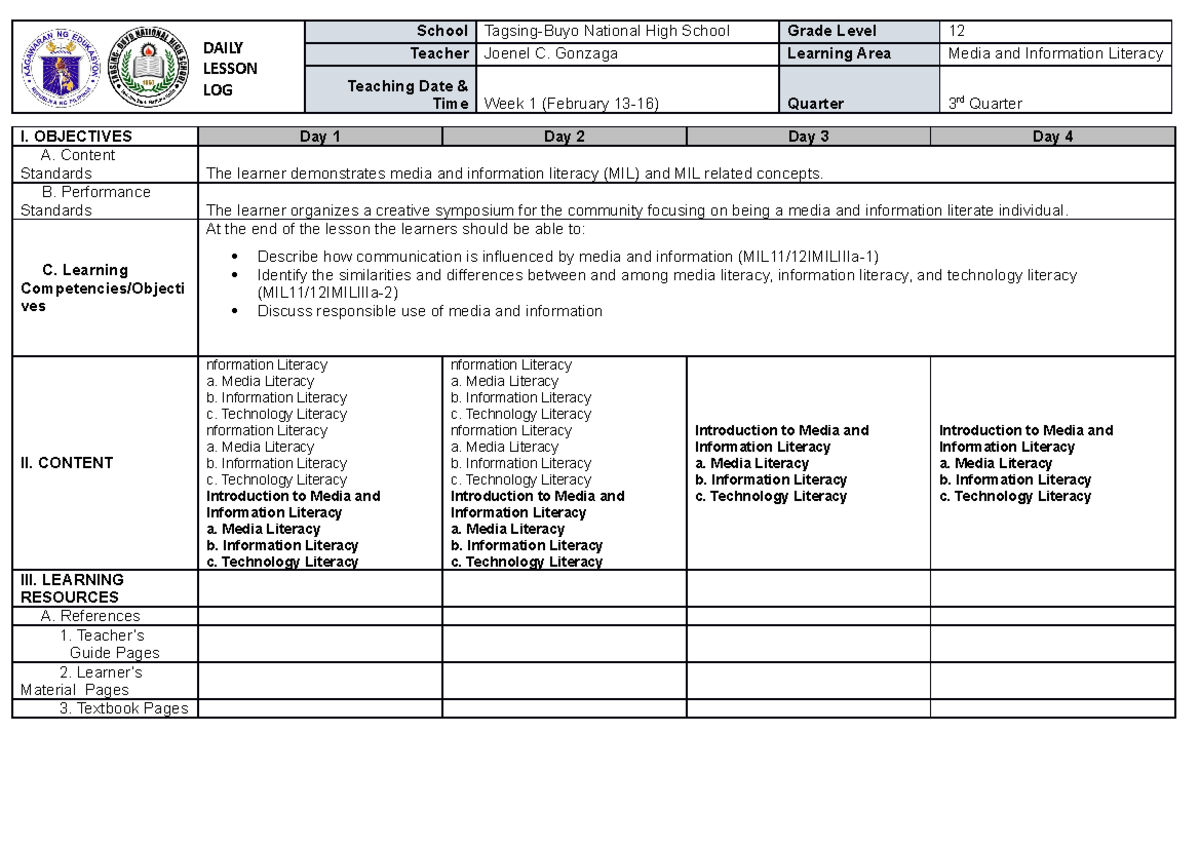 DLL-MIL WEEK1 - DLL IN MIL - School Tagsing-Buyo National High School ...