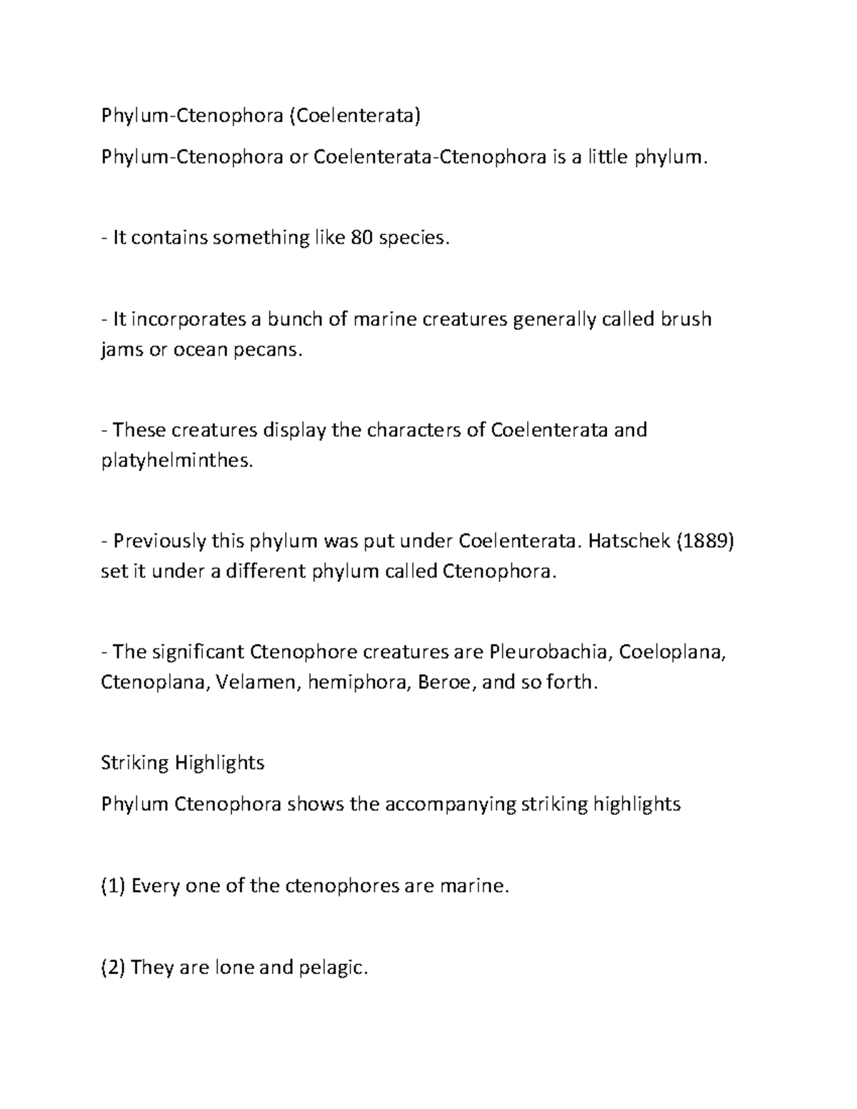Document - Easy notes - Phylum-Ctenophora (Coelenterata) Phylum ...