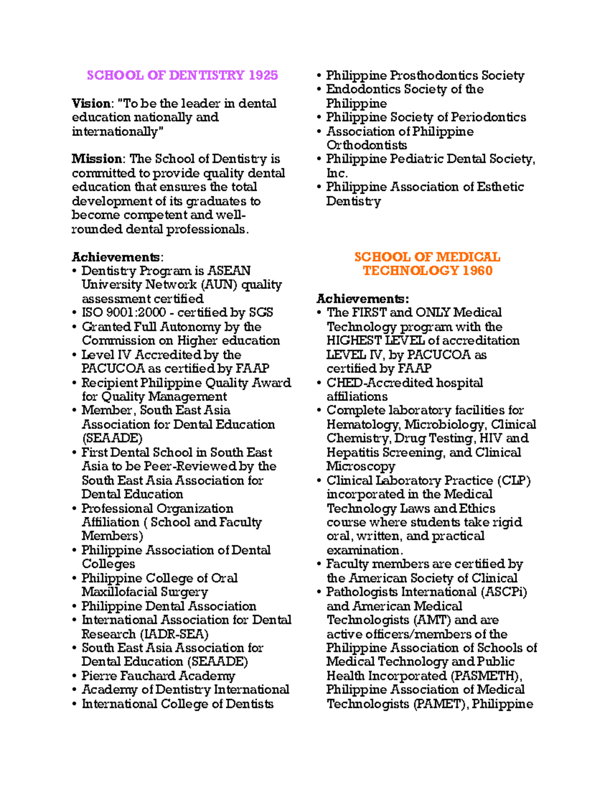 CEU College Programs History - SCHOOL OF DENTISTRY 1925 Vision : "To be ...