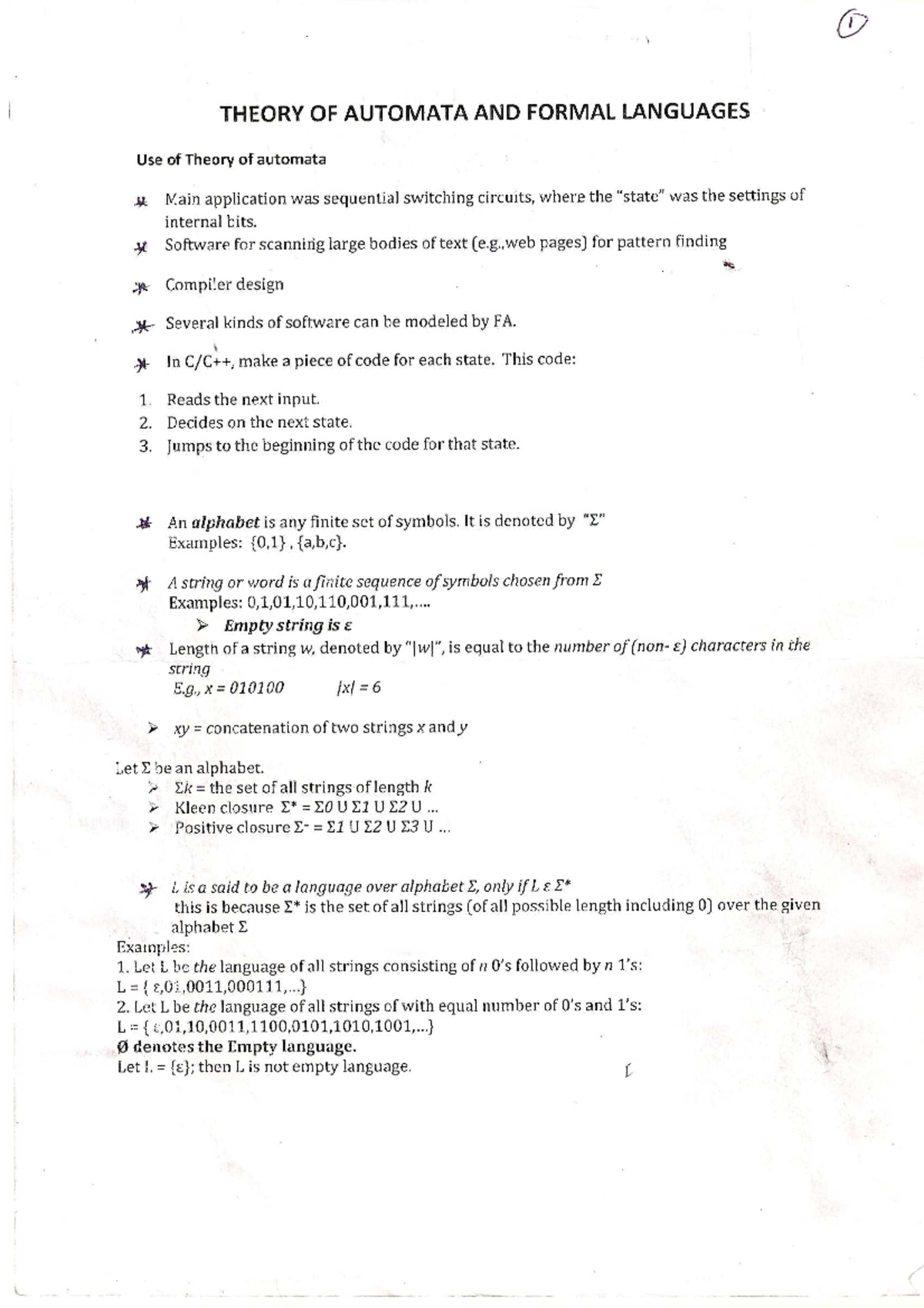 Unit-1 - Handwritten notes - I THEORY OF AUTOMATA AND FORMAL LANGUAGES ...