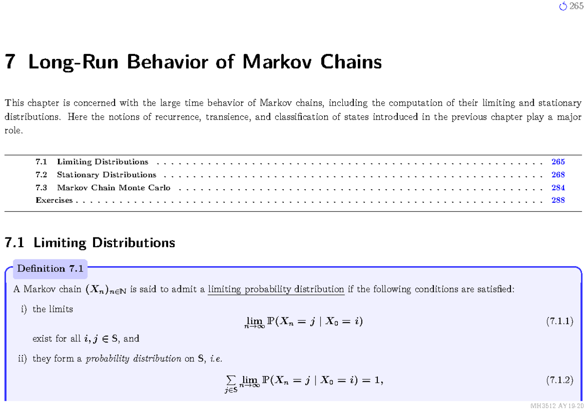 Chapter 7 - " 265 7 Long-Run Behavior of Markov Chains This chapter is ...