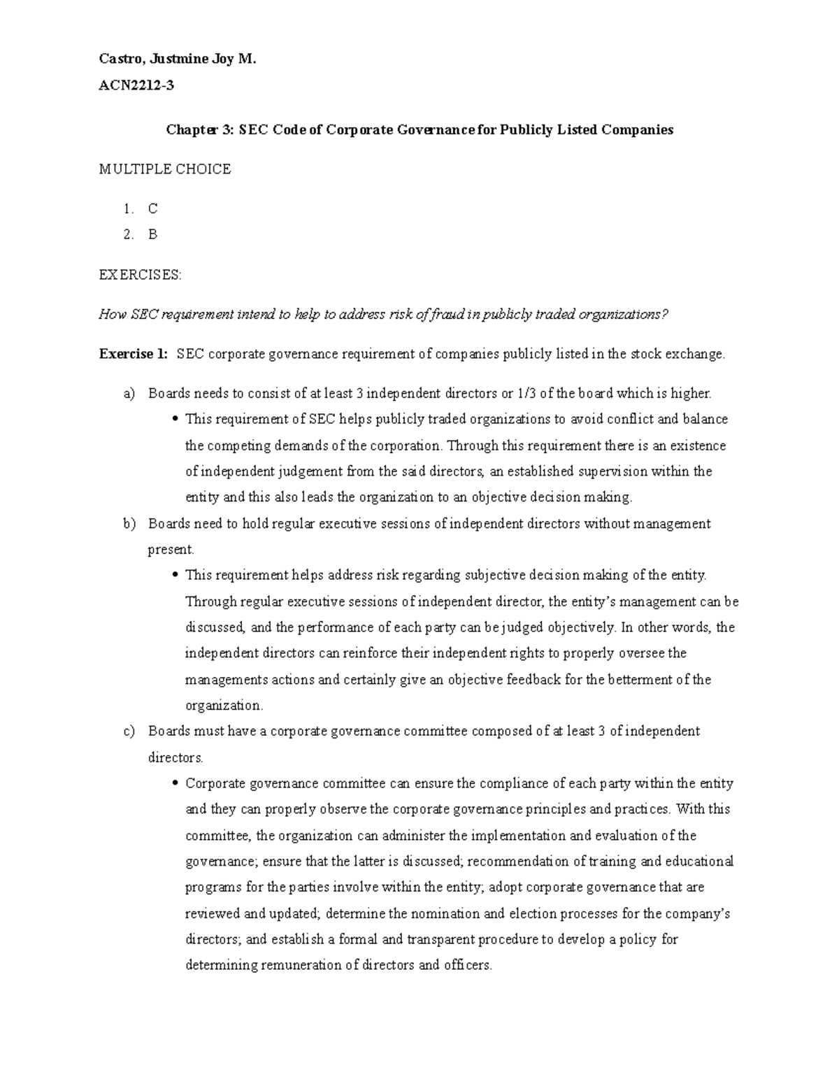 Corporate governance chapter 3 - Castro, Justmine Joy M. ACN2212 ...