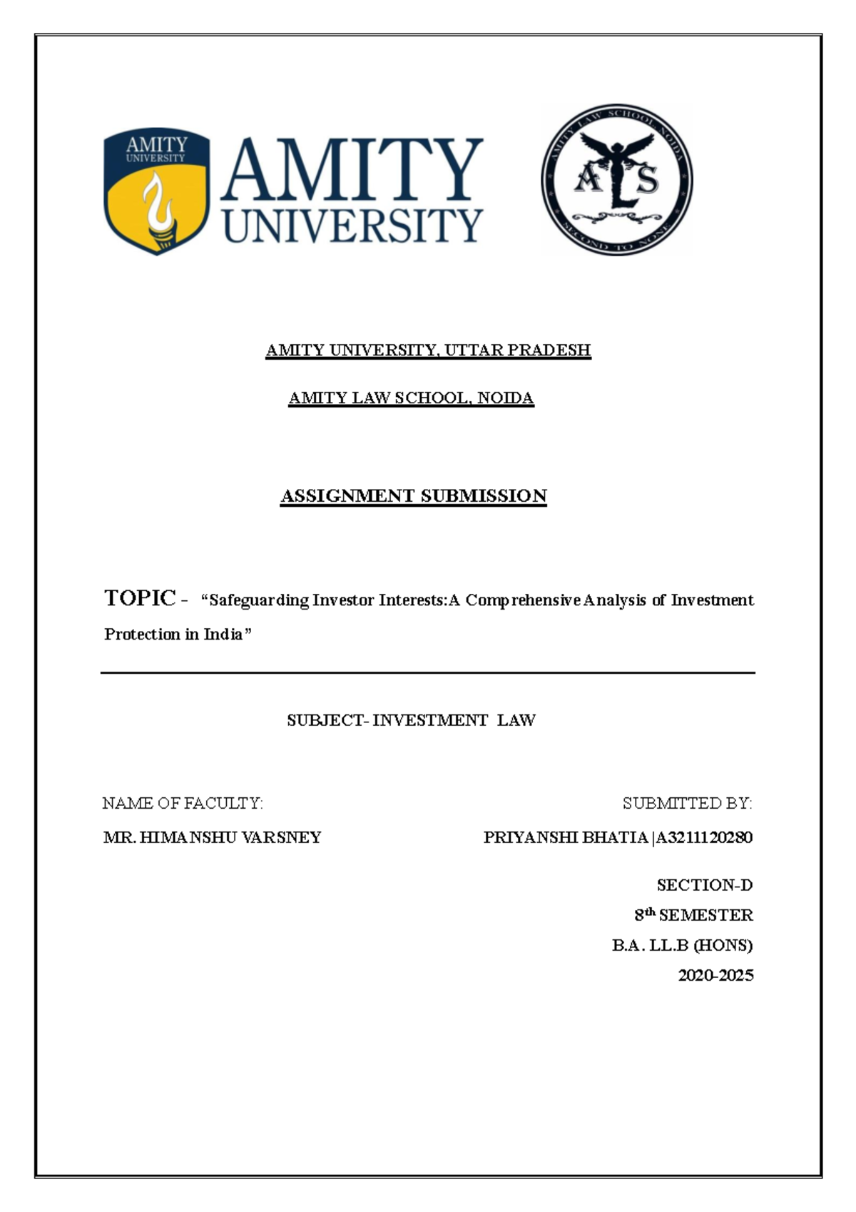 Investment Assignment - AMITY UNIVERSITY, UTTAR PRADESH AMITY LAW ...