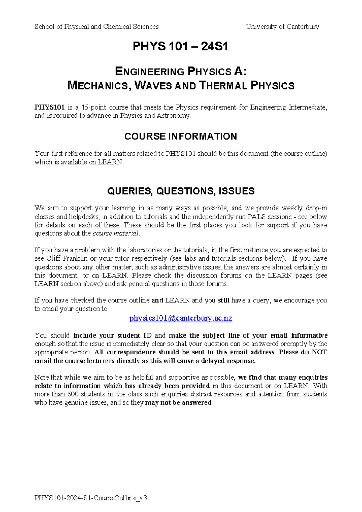 PHYS101-2024-S1-Course Outline v3 - PHYS 101 – 24S ENGINEERING PHYSICS A: MECHANICS, WAVES AND ...