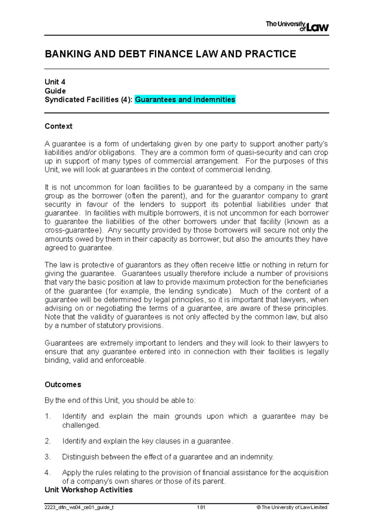 4 - bdf materials - BANKING AND DEBT FINANCE LAW AND PRACTICE Unit 4 ...