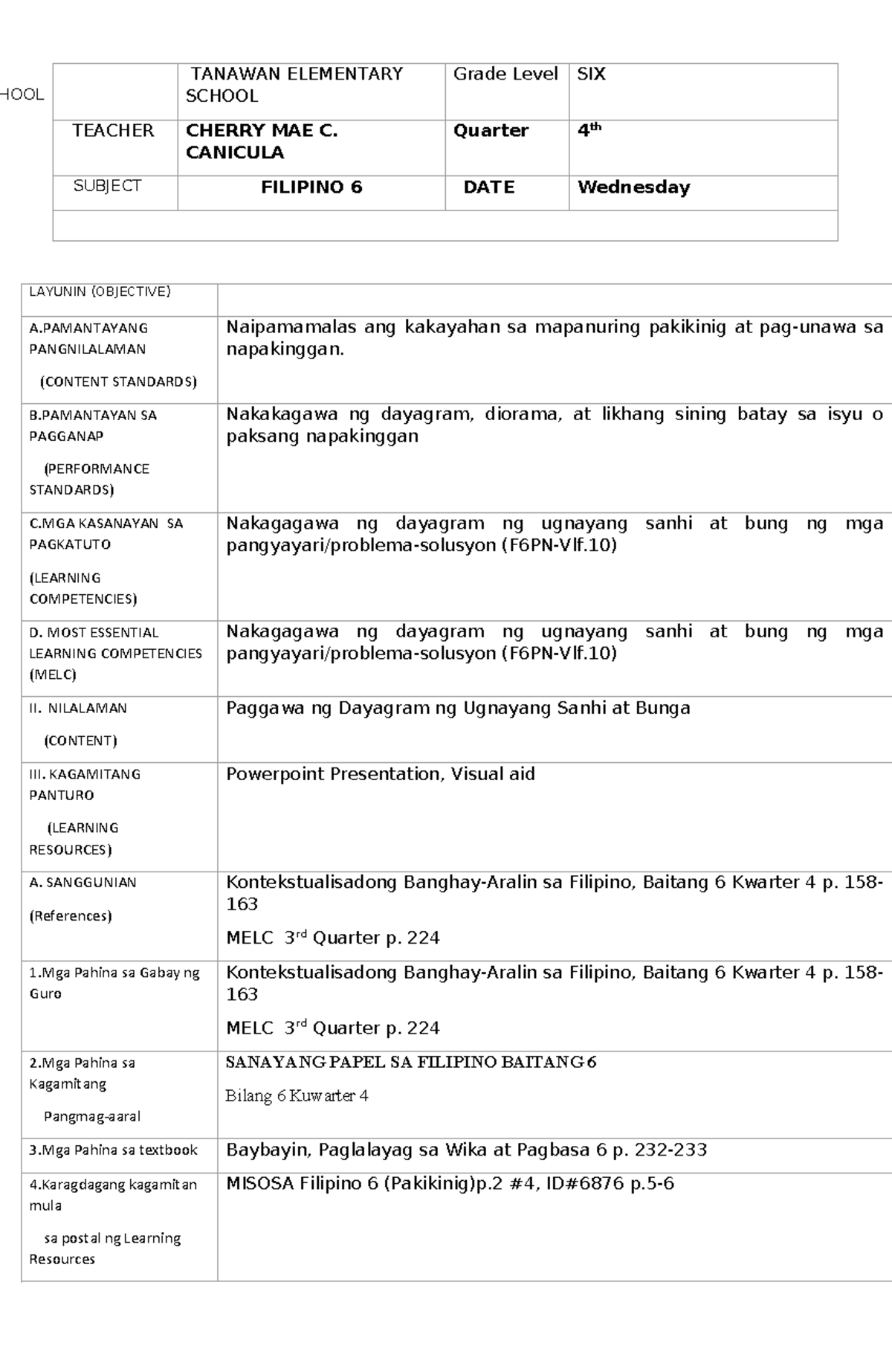 Version-1- Filipino-4-COT-1 - TANAWAN ELEMENTARY SCHOOL Grade Level SIX ...