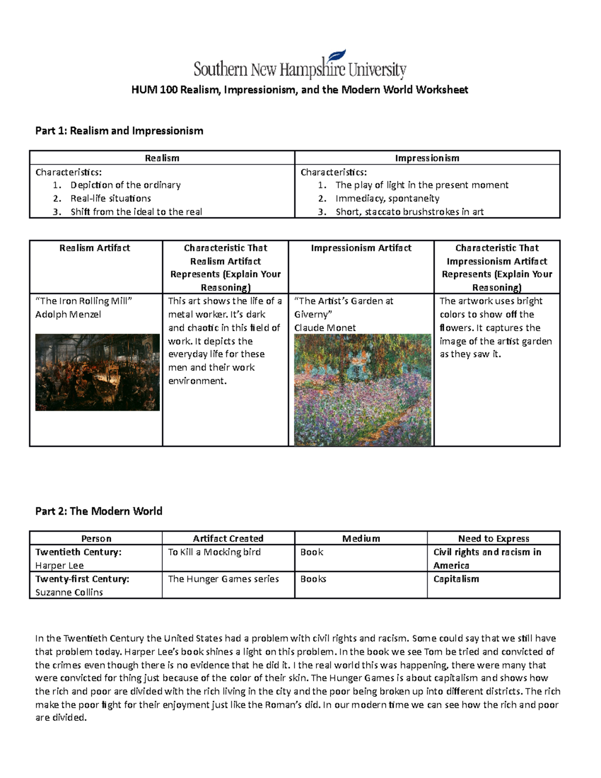 HUM 100 Realism Impressionism and the Modern World Worksheet - The play ...