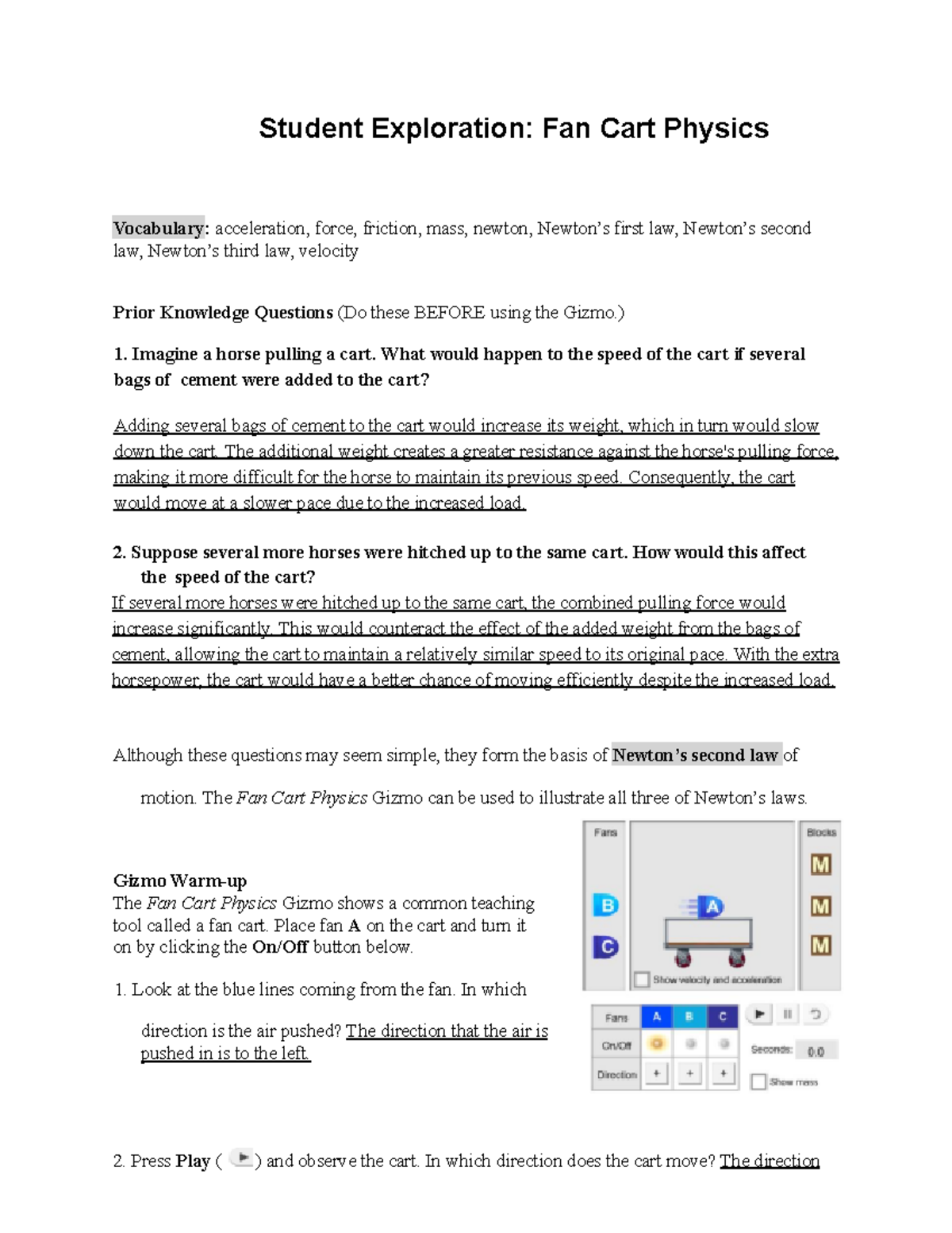 Fan Cart Physics SE - Fan Cart Gizmo - Student Exploration: Fan Cart ...