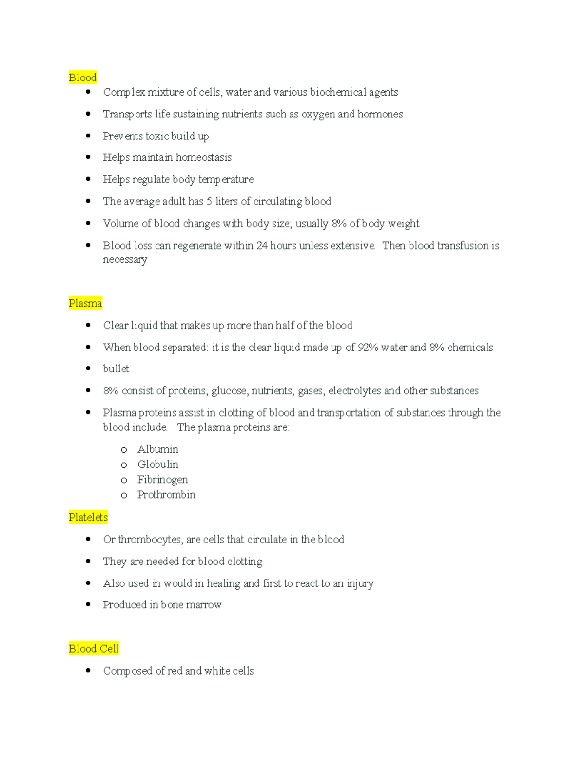 Week5 - notes - Blood Complex mixture of cells, water and various ...