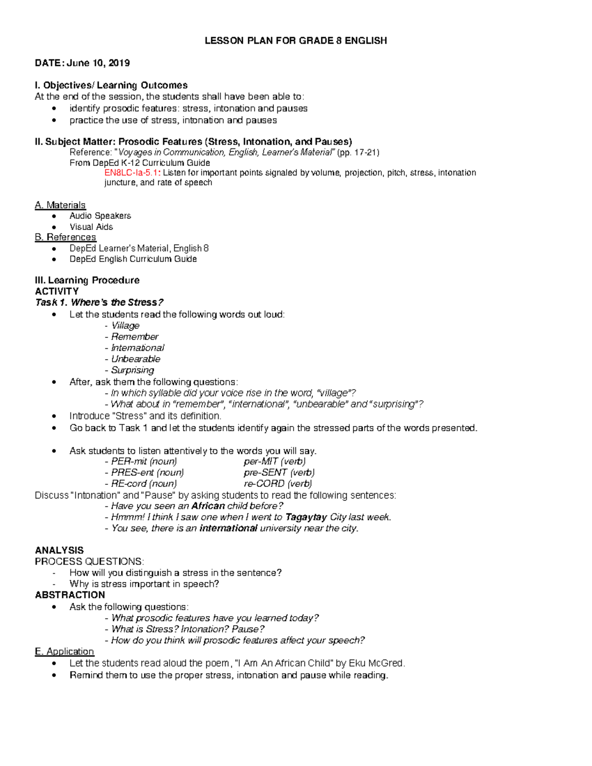 Pdfcoffee - Assignment - LESSON PLAN FOR GRADE 8 ENGLISH DATE: June 10 ...