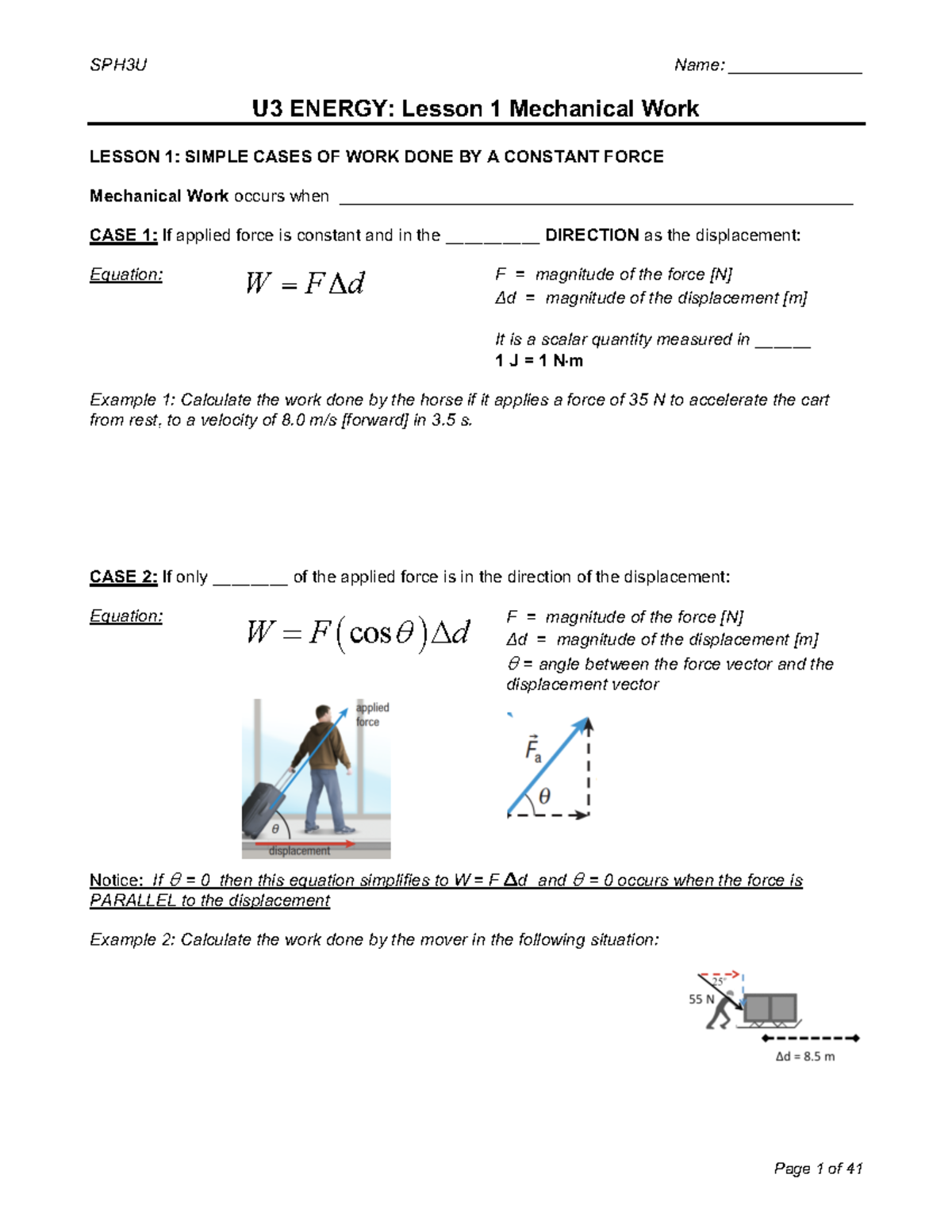 0 UNIT 3 Student Notes Package - U3 ENERGY: Lesson 1 Mechanical Work ...