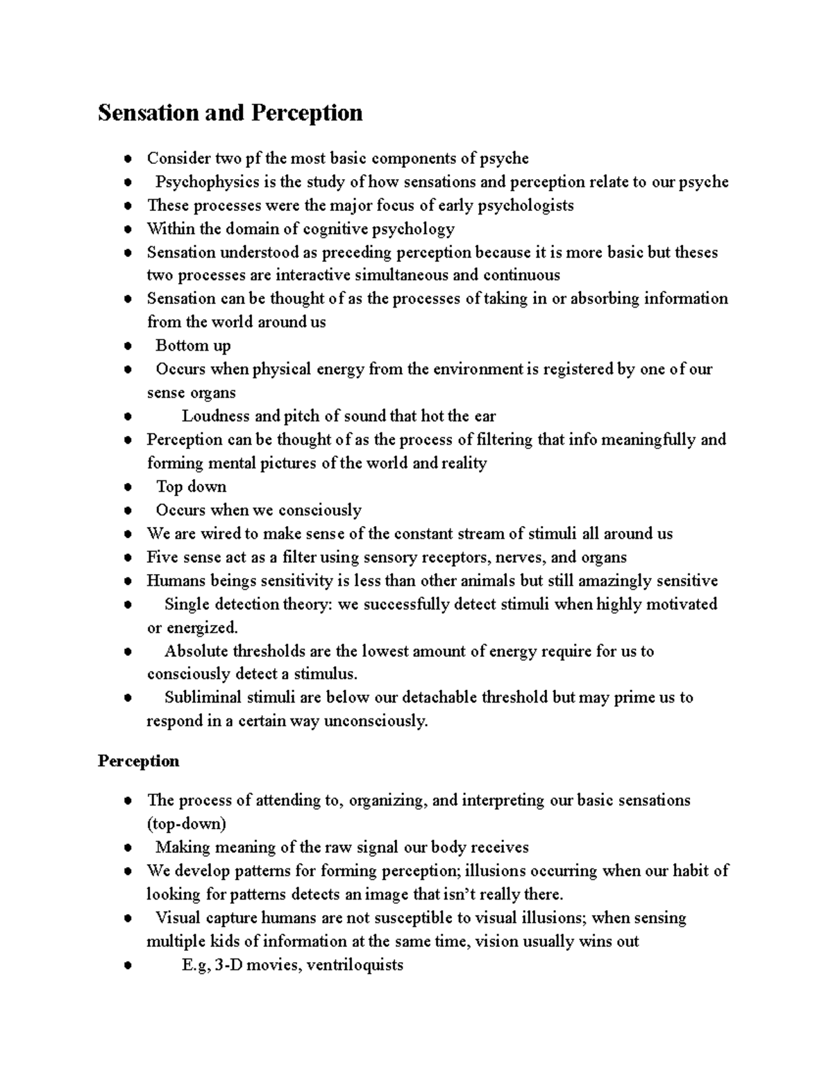Sensation and perception notes - Sensation and Perception Consider two ...