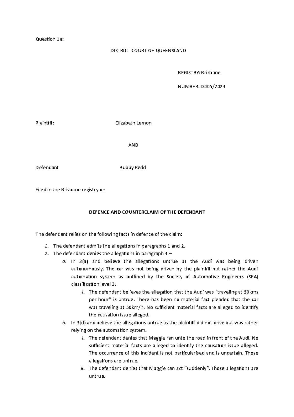 Civil Procedure Exam - Question 1a: DISTRICT COURT OF QUEENSLAND ...