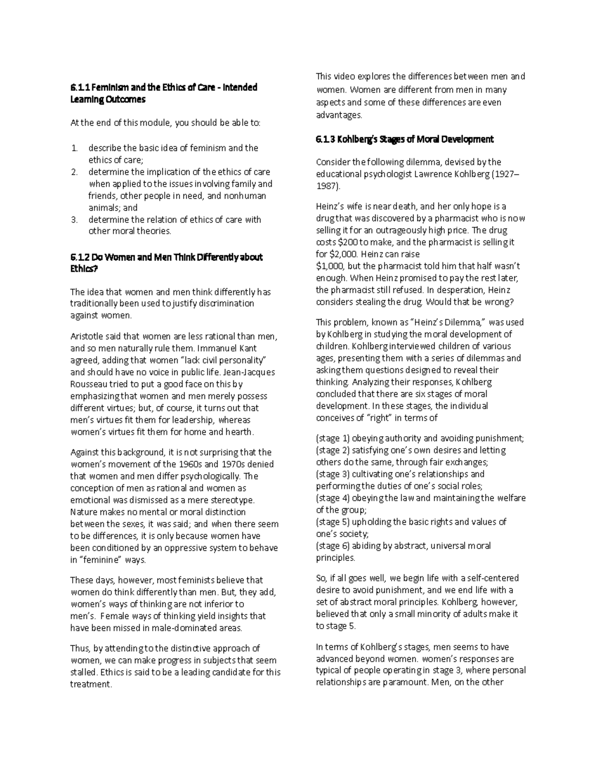 Module 6 - Ethics - Lecture notes - 6.1 Feminism and the Ethics of Care ...