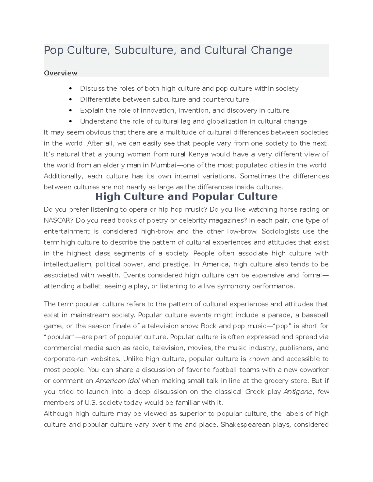 3 - LECTURE NOTES - Pop Culture, Subculture, and Cultural Change ...