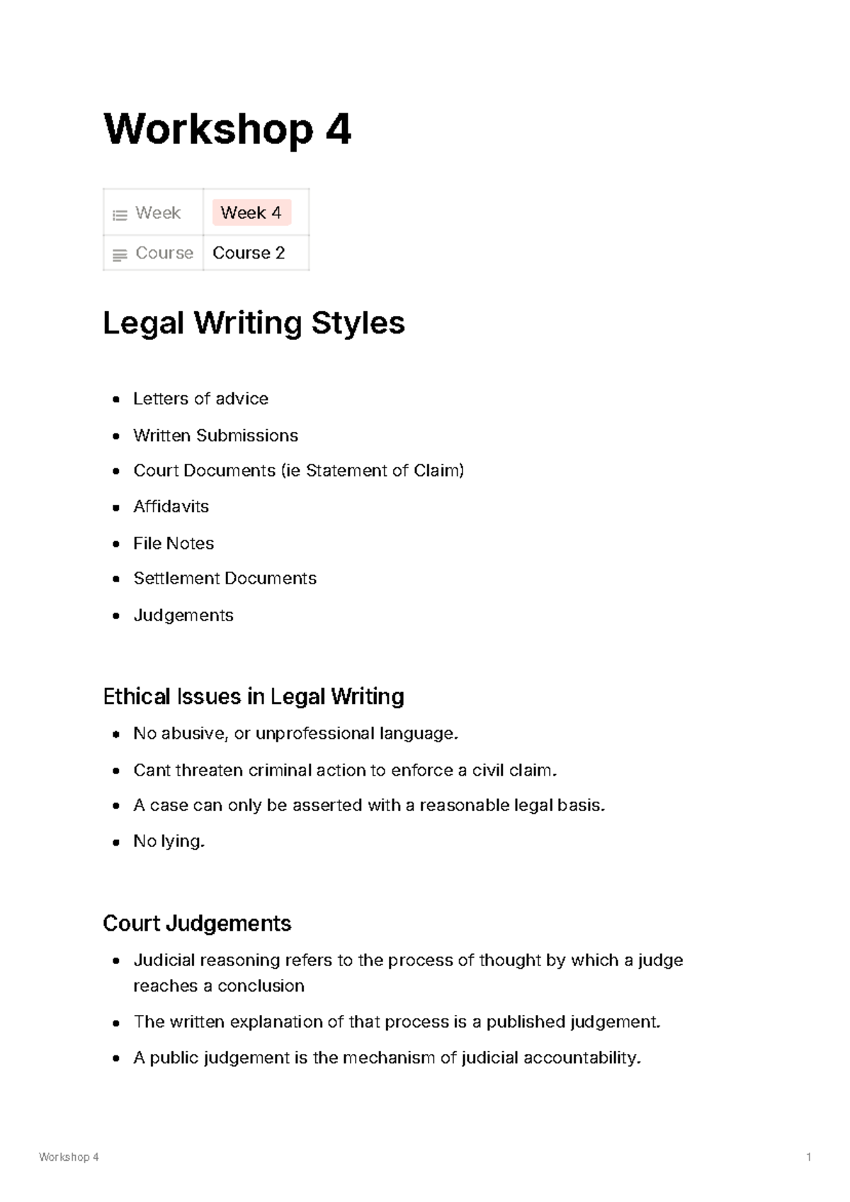 Legal Writing Styles - Workshop 4 1 Workshop 4 Week Week 4 Course ...