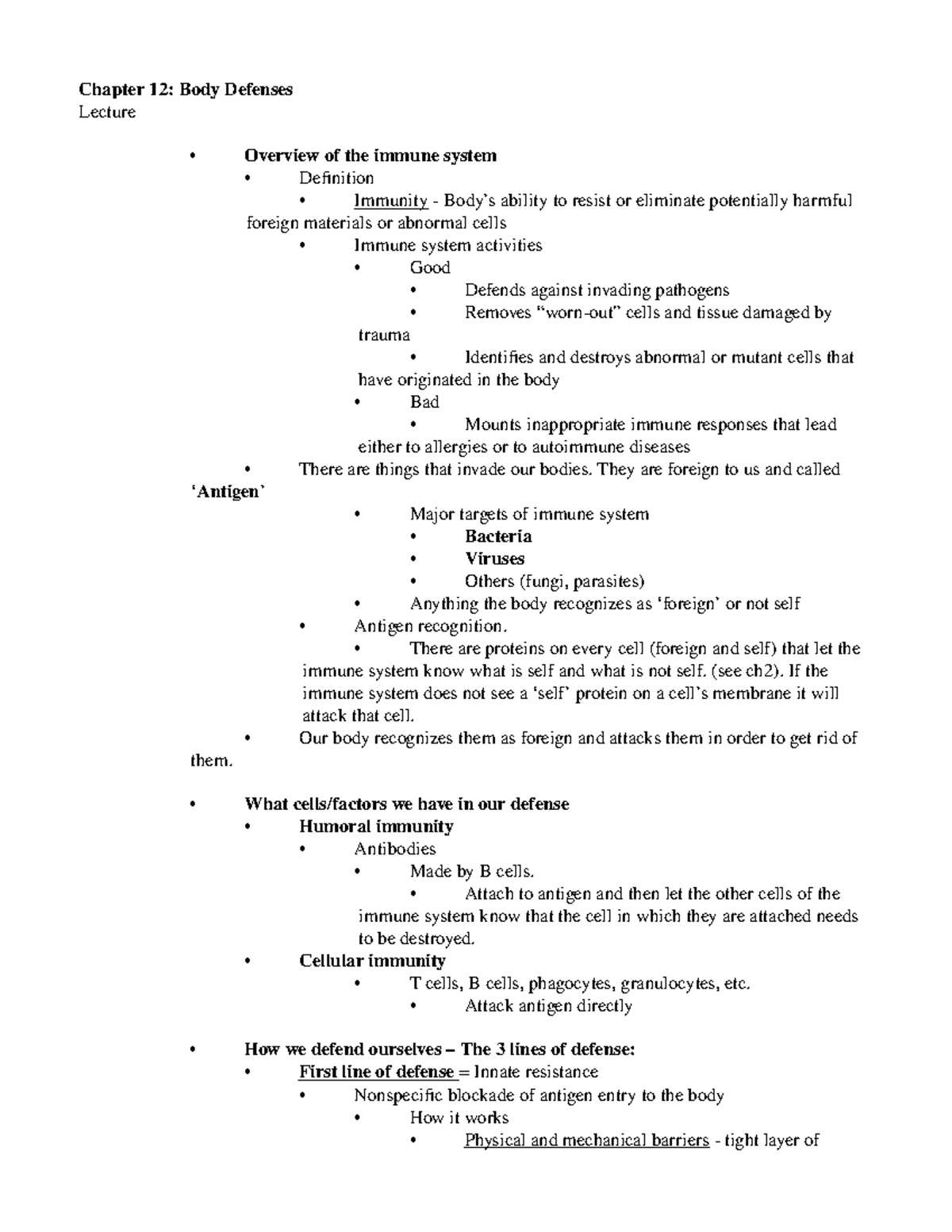 Ch. 12 The Immune System and Body Defense - Chapter 12: Body Defenses ...